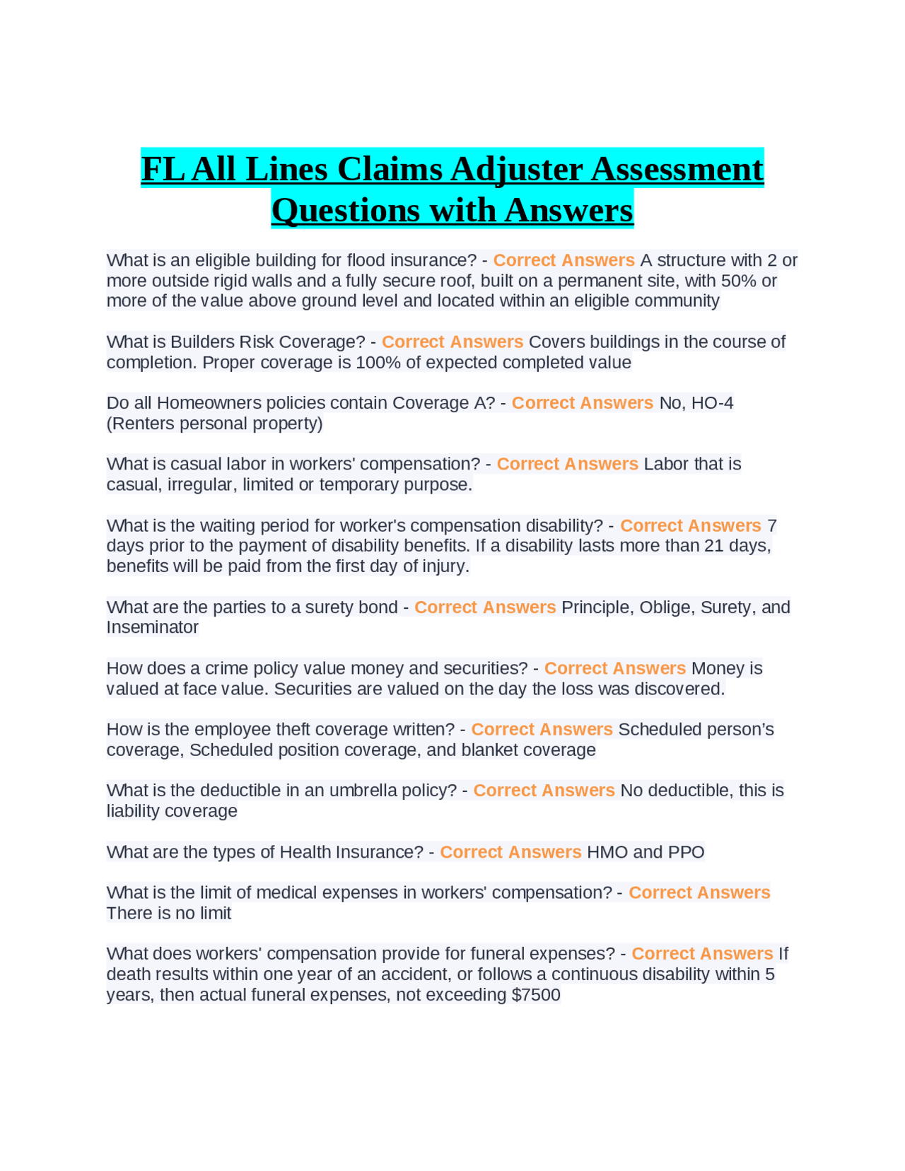 Insurance Claims Adjuster Assessment Questions and Answers | Exams ...