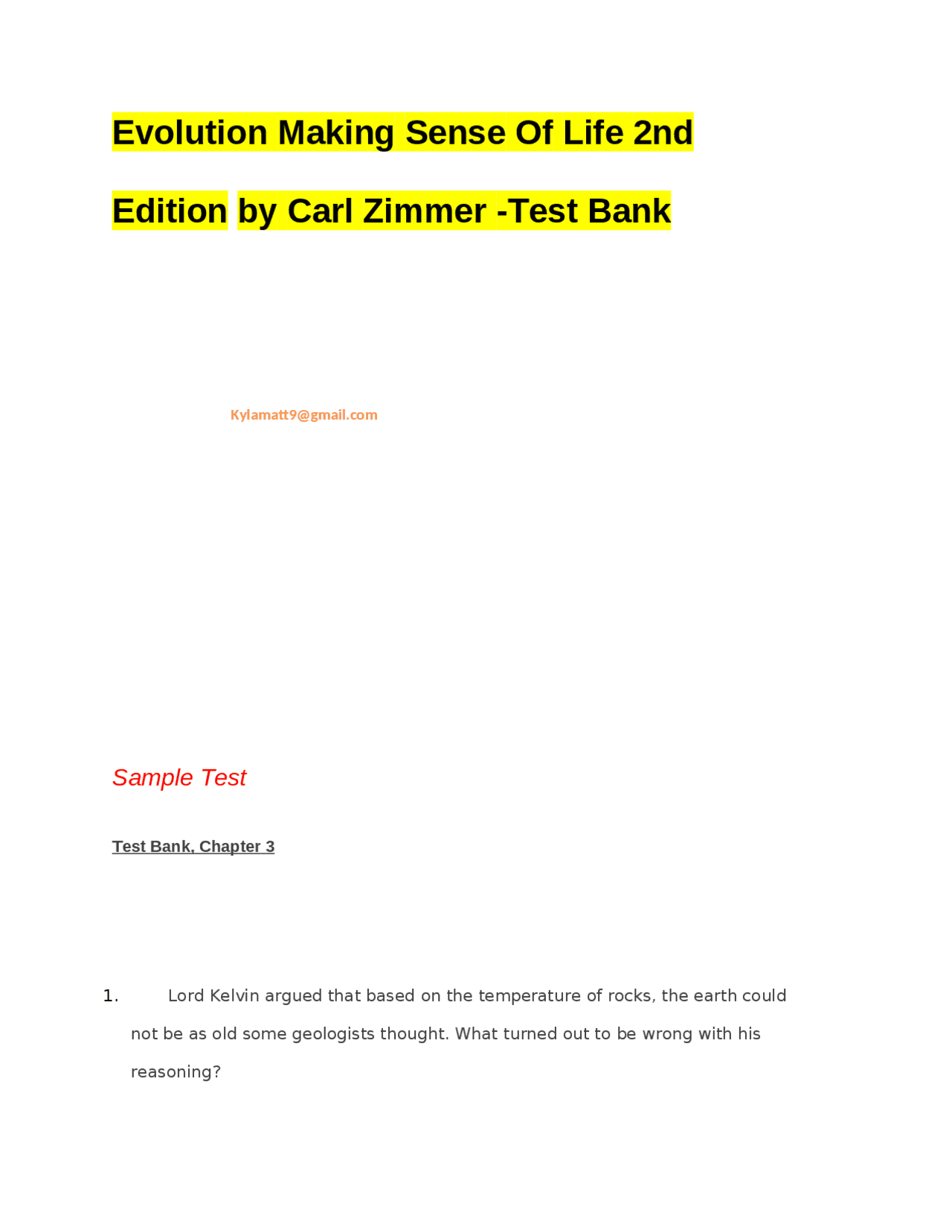 Evolution Making Sense Of Life 2nd Edition by Carl Zimmer -Test Bank ...