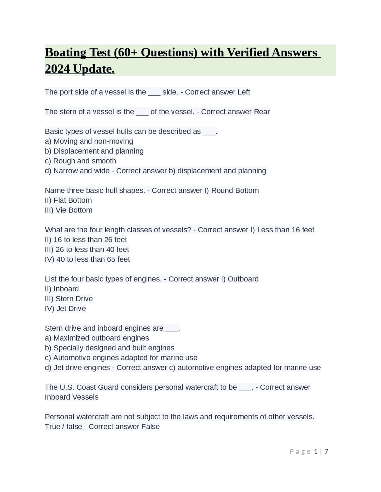 Boating Test (60+ Questions) with Verified Answers 2024 Update. | Exams ...