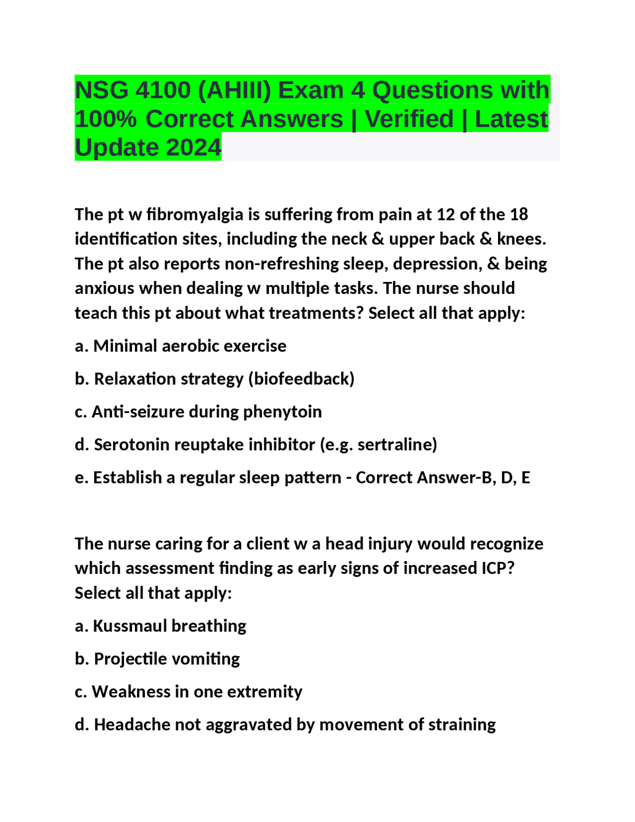 NSG 4100 (AHIII) Exam 4 Questions with 100% Correct Answers | Verified ...