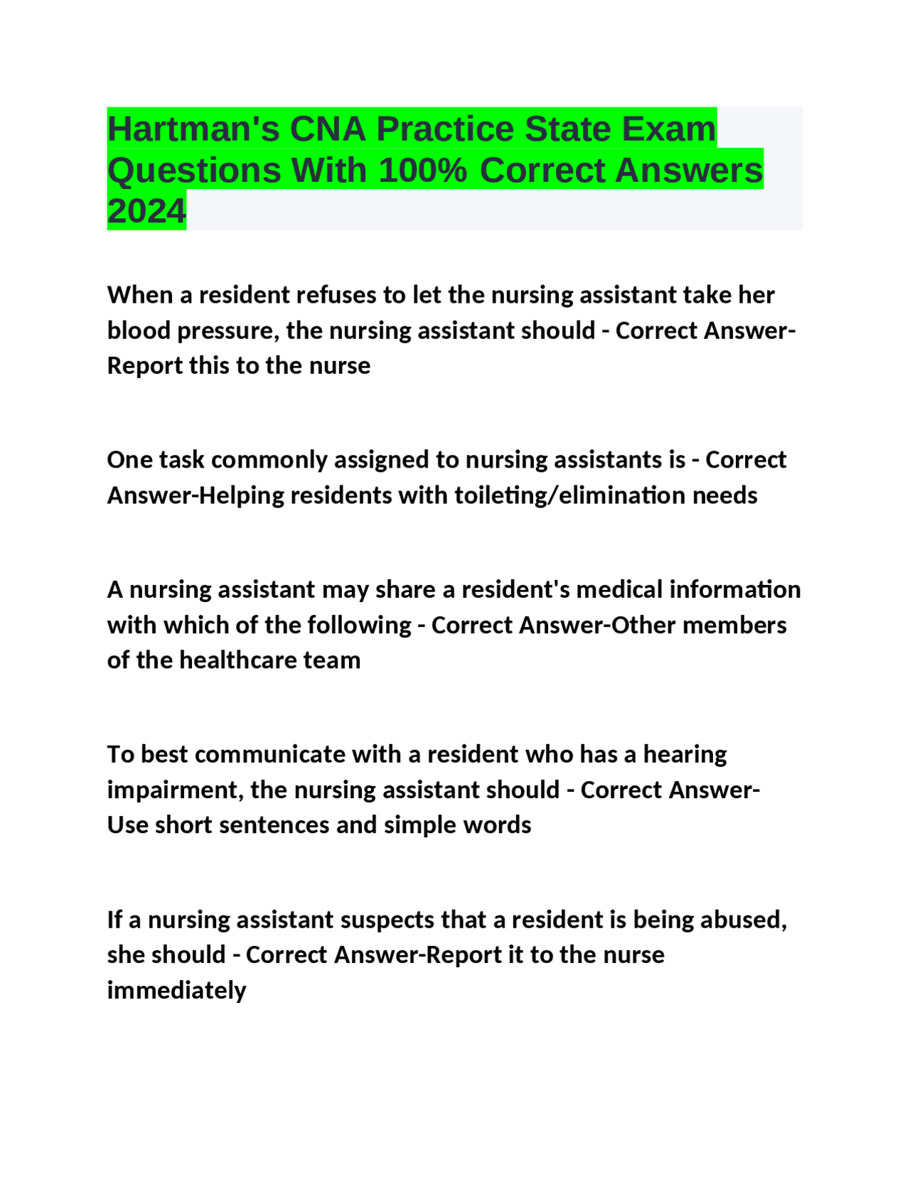 Hartman's CNA Practice State Exam Questions With 100% Correct Answers 2024 | Exams Advanced ...