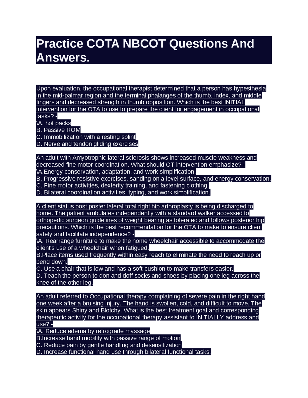 Practice COTA NBCOT Questions And Answers. | Exams Occupational therapy ...