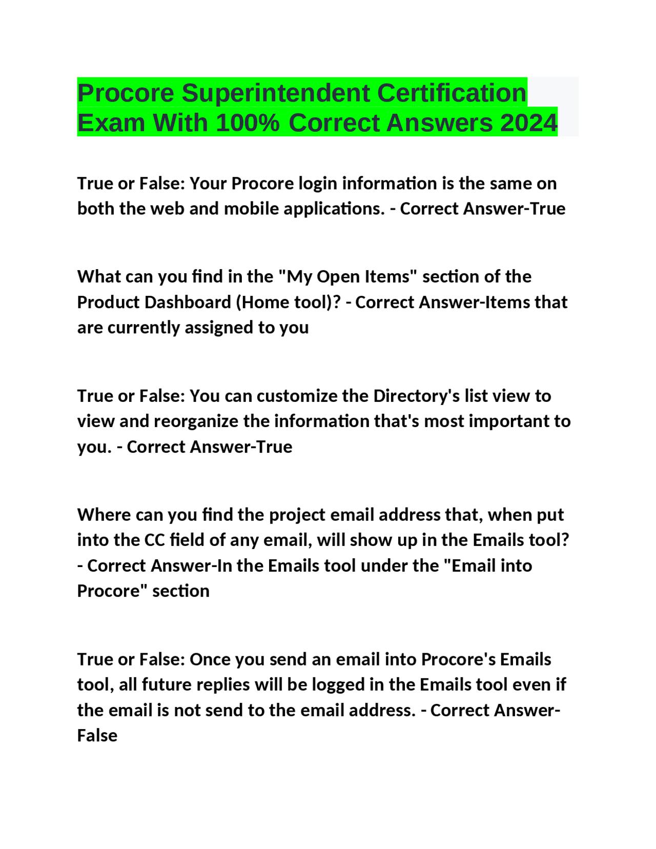 Procore Superintendent Certification Exam With 100% Correct Answers 2024 | Exams Advanced ...