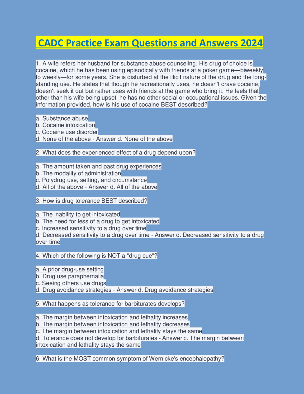 CADC Practice Exam Questions and Answers 2024 | Exams Nursing | Docsity