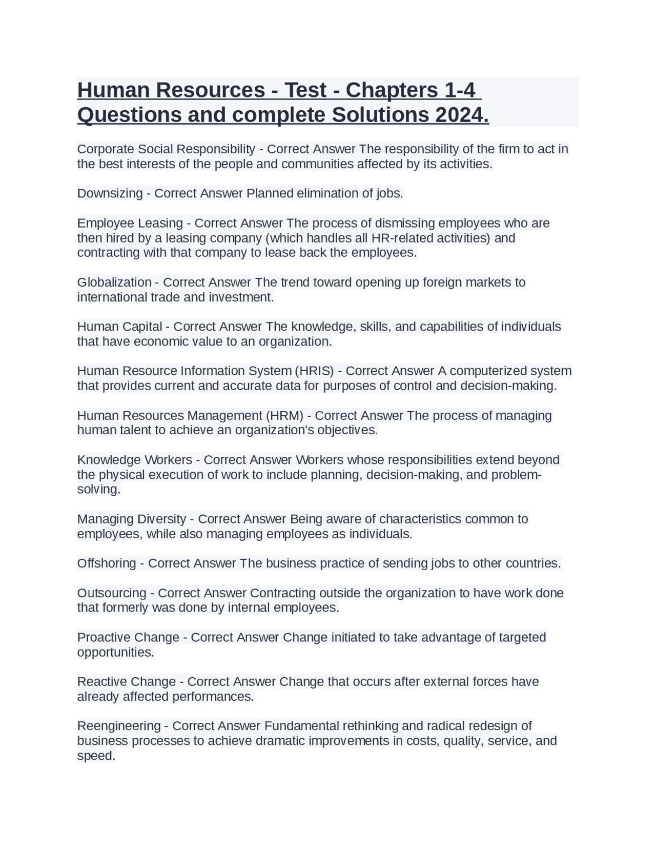 Human Resources - Test - Chapters 1-4 Questions and complete Solutions ...