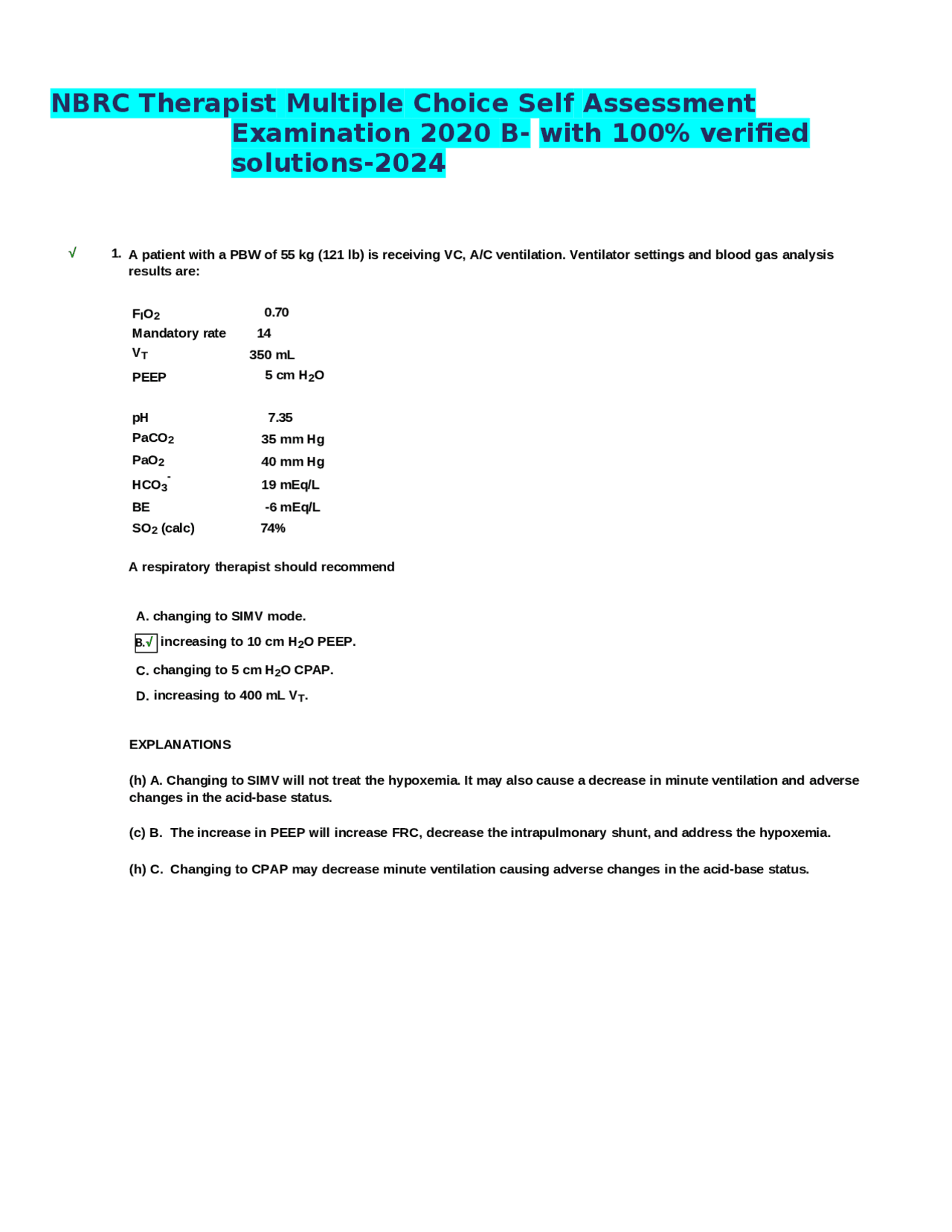 NBRC Therapist Multiple Choice Self Assessment Examination 2020 B- with ...