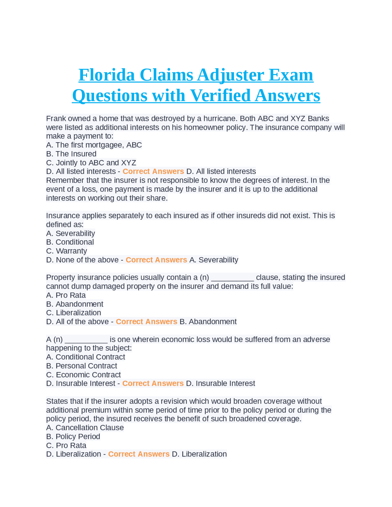 Florida Claims Adjuster Exam Questions with Verified Answers | Exams ...