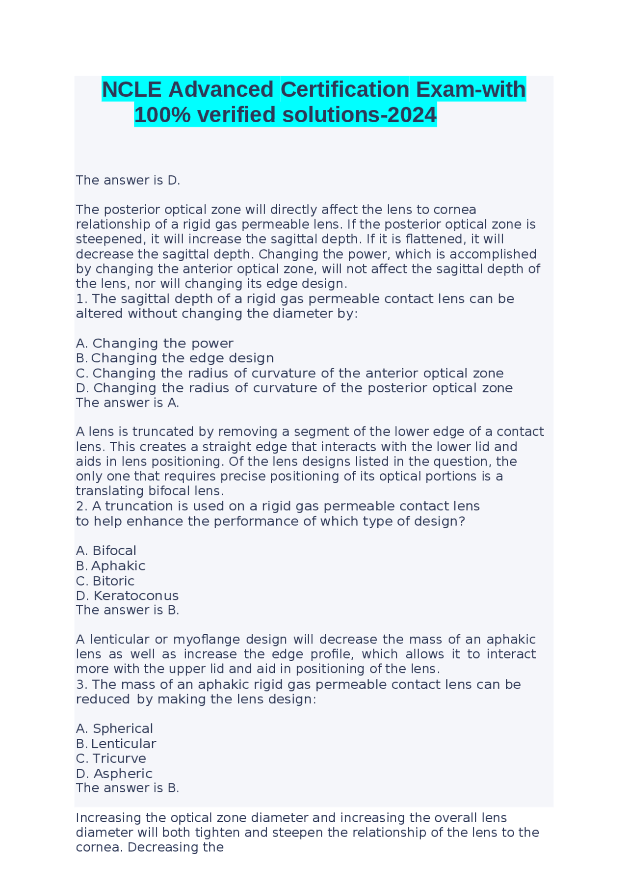 NCLE Advanced Certification Exam-with 100 verified solutions-2024.docx | Exams Nursing | Docsity