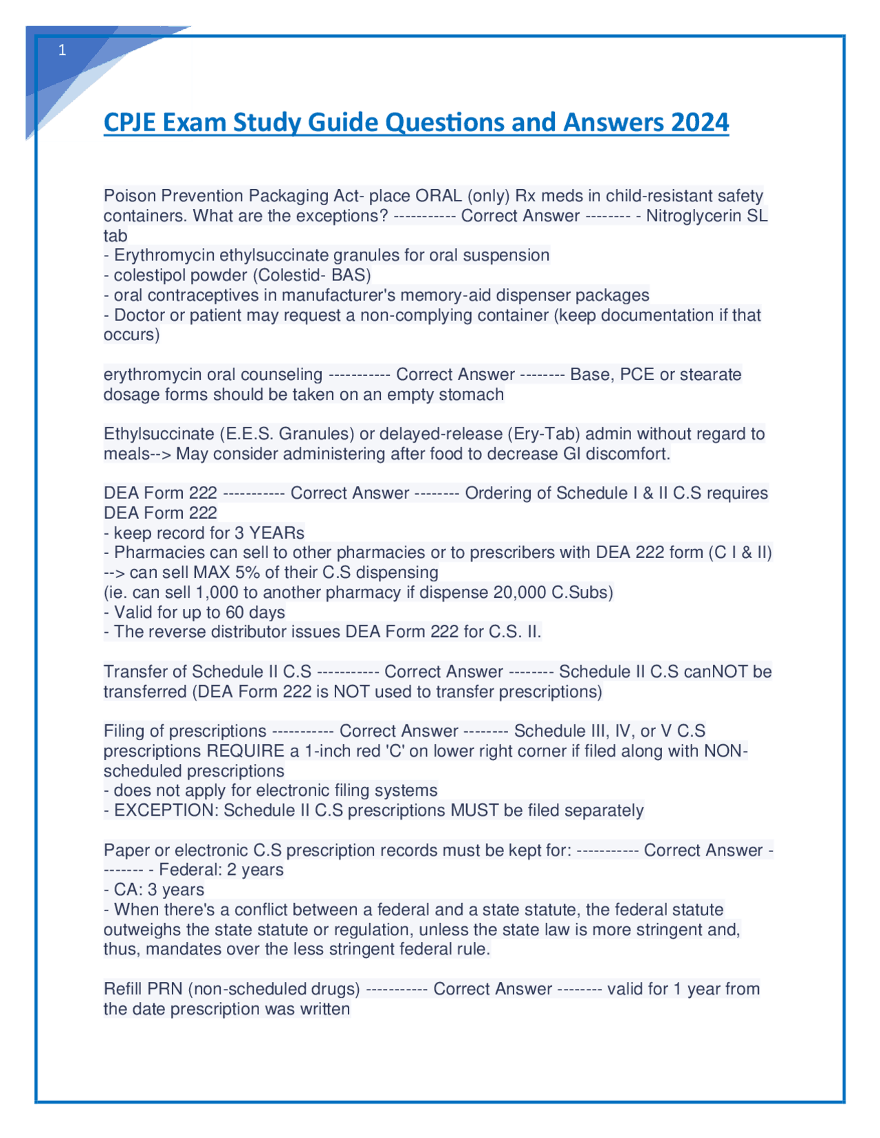 CPJE Exam Study Guide Questions and Answers 2024 | Exams Nursing | Docsity