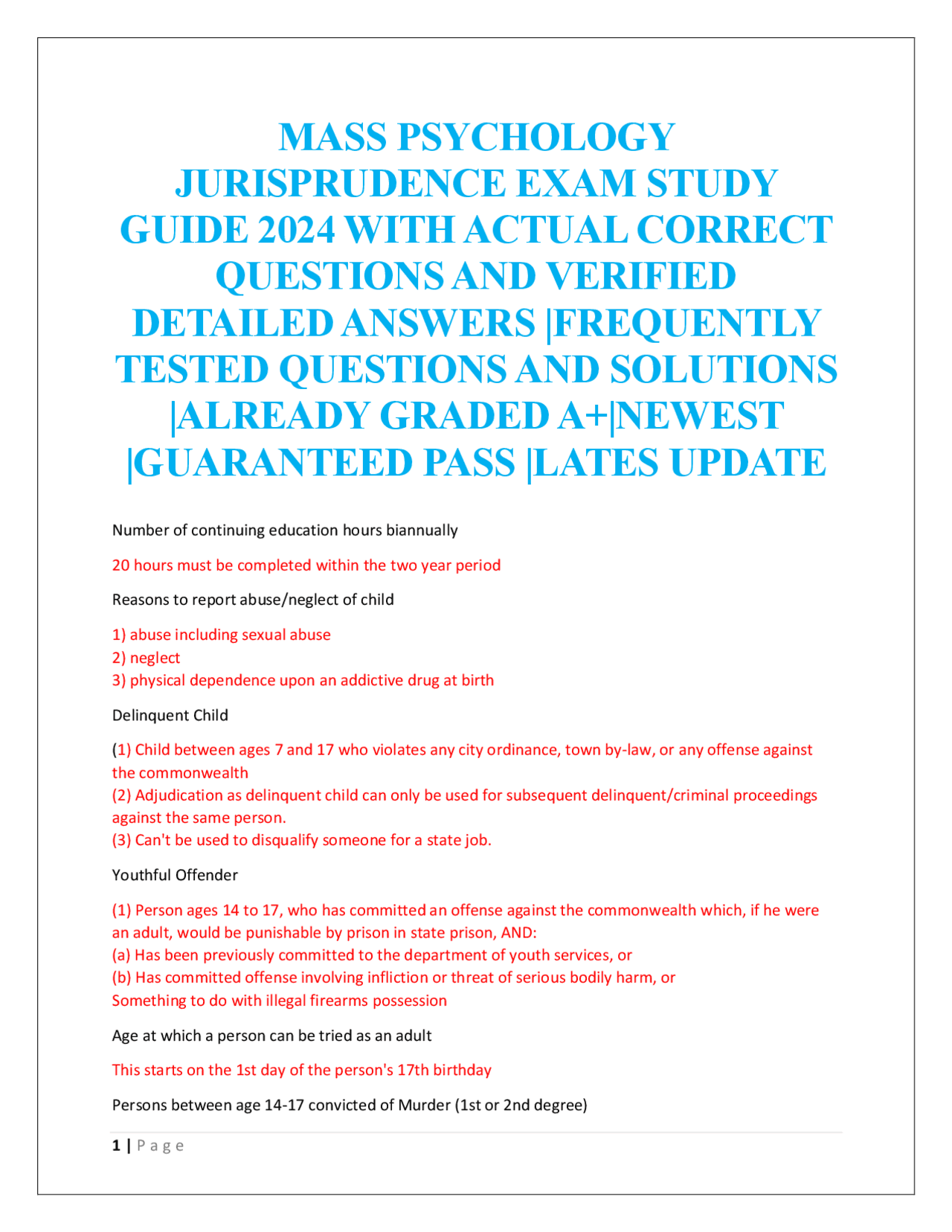 MASS PSYCHOLOGY JURISPRUDENCE EXAM STUDY GUIDE 2024 | Exams Nursing ...