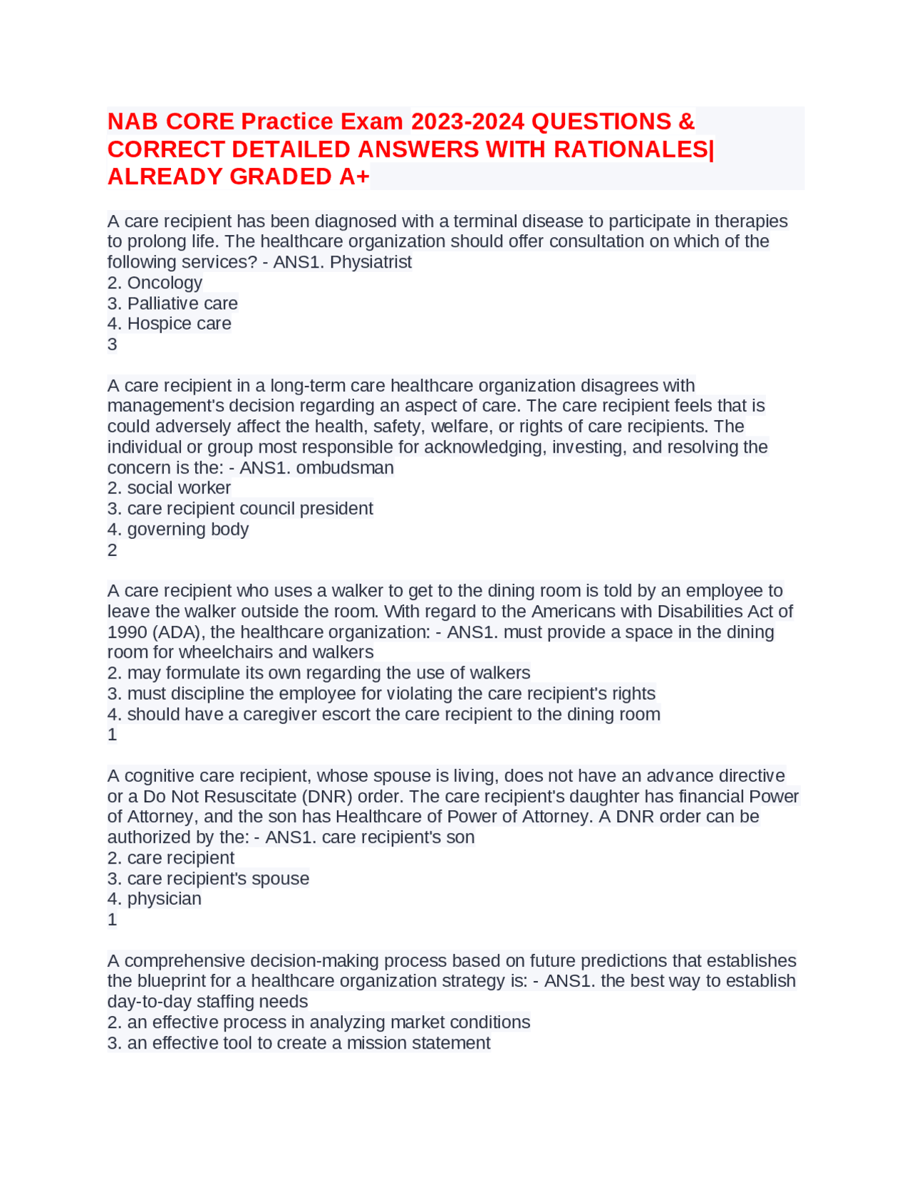 NAB CORE Practice Exam 2023-2024 QUESTIONS & CORRECT ANSWERS WITH RATIONALES. GRADED A+ | Exams ...