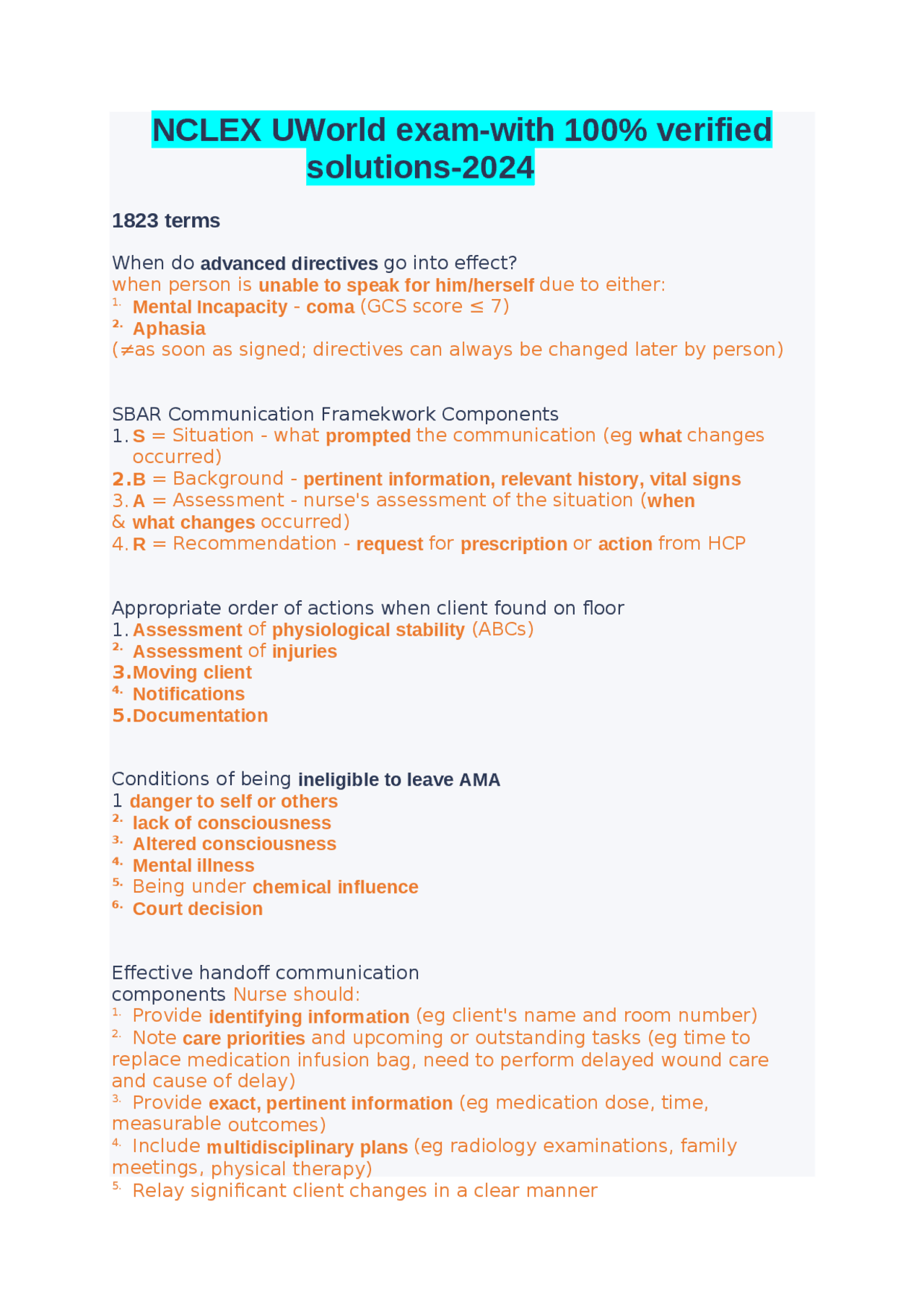 NCLEX UWorld exam-with 100% verified solutions-2024.docx | Exams Nursing | Docsity