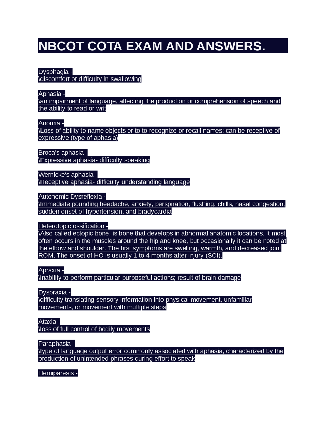 NBCOT COTA TEST EXAM AND ANSWERS. | Exams Occupational therapy | Docsity