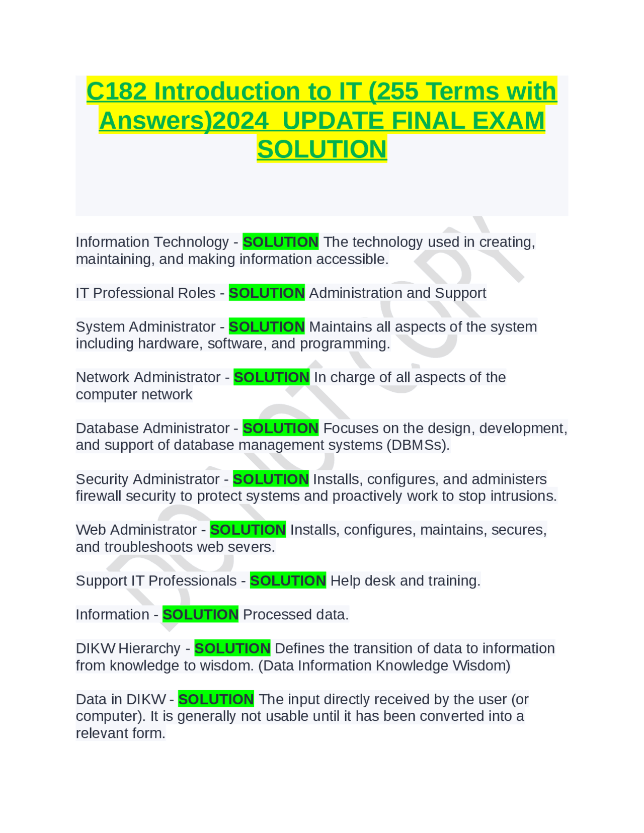 C182 Introduction to IT (255 Terms with Answers)2024 UPDATE FINAL EXAM SOLUTION | Exams ...