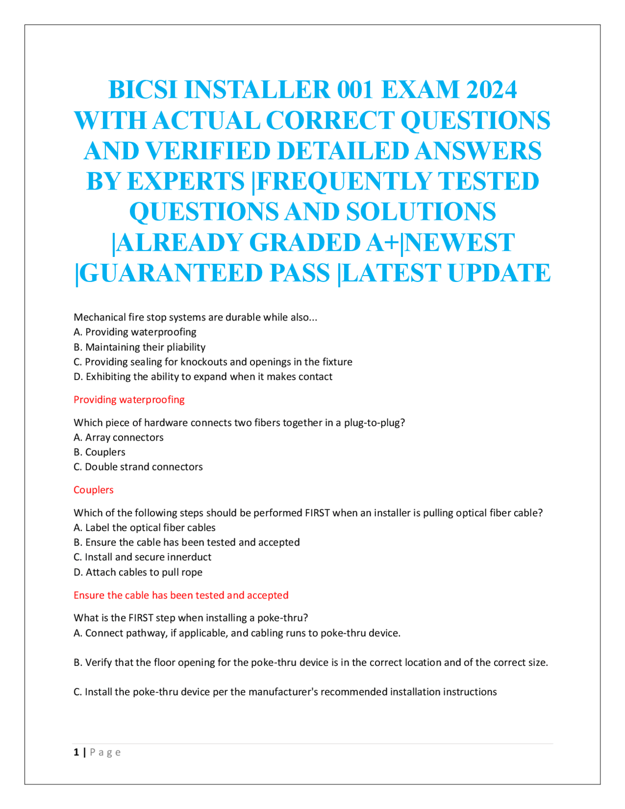 BICSI INSTALLER 001 EXAM 2024 | Exams Nursing | Docsity