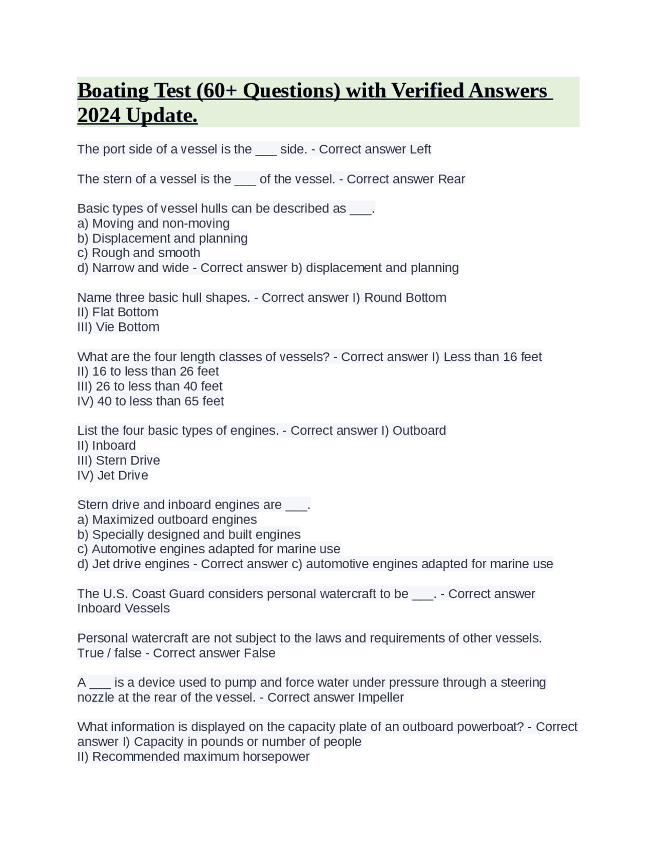 Boating Test (60+ Questions) with Verified Answers 2024 Update. | Exams ...