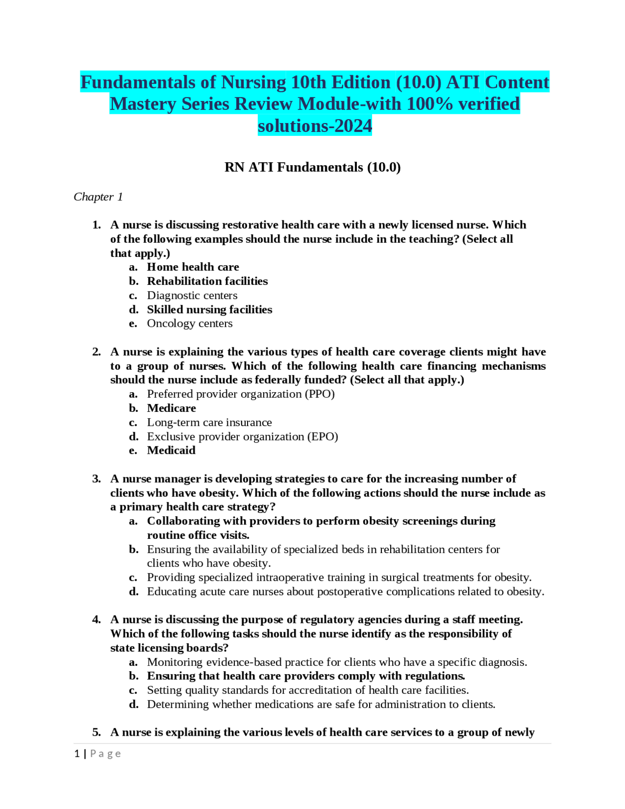 Fundamentals of Nursing 10th Edition (10.0) ATI Content Mastery Series Review Module-with ...