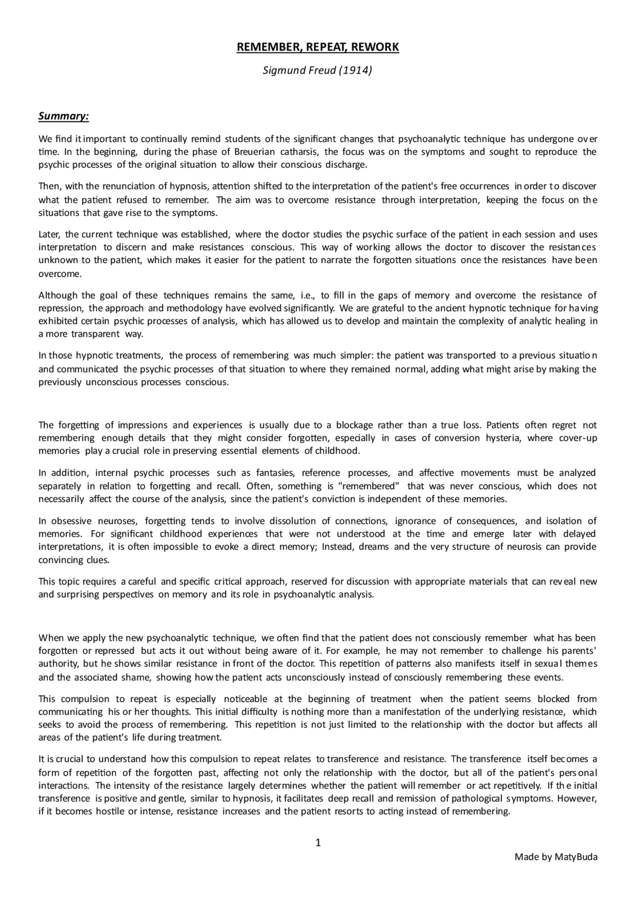 Summary of 'Remember, Repeat, Rework' by Freud | Resúmenes de ...