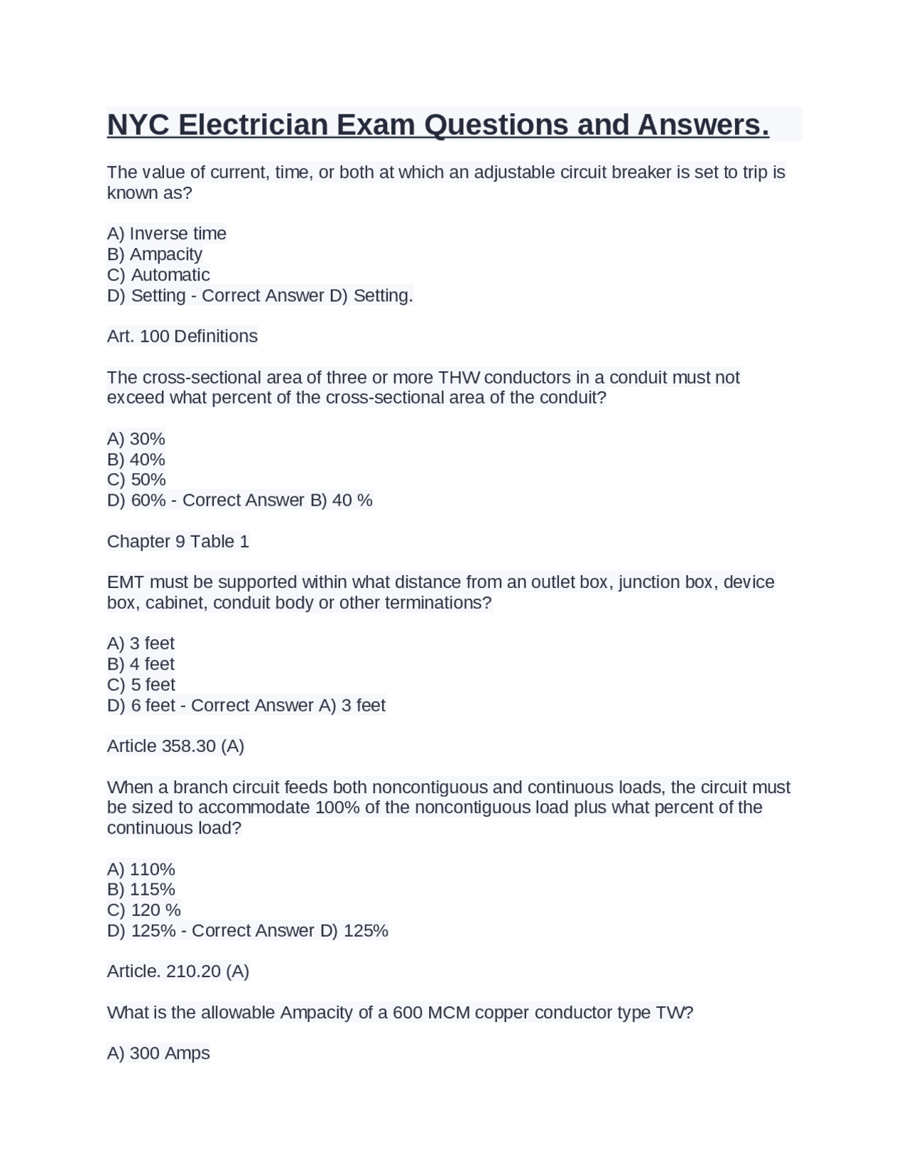 Electrical Code Quiz Answers and Corresponding Articles | Exams ...