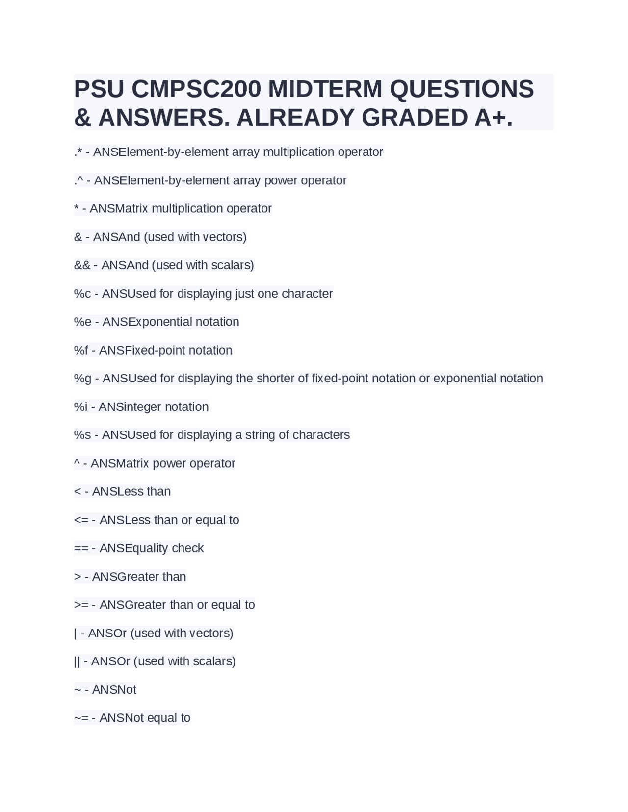 PSU CMPSC200 MIDTERM QUESTIONS & ANSWERS. ALREADY GRADED A+. | Exams ...