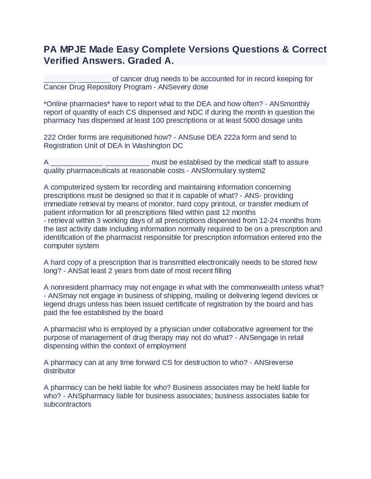 PA MPJE Made Easy Complete Versions Questions & Correct Verified ...