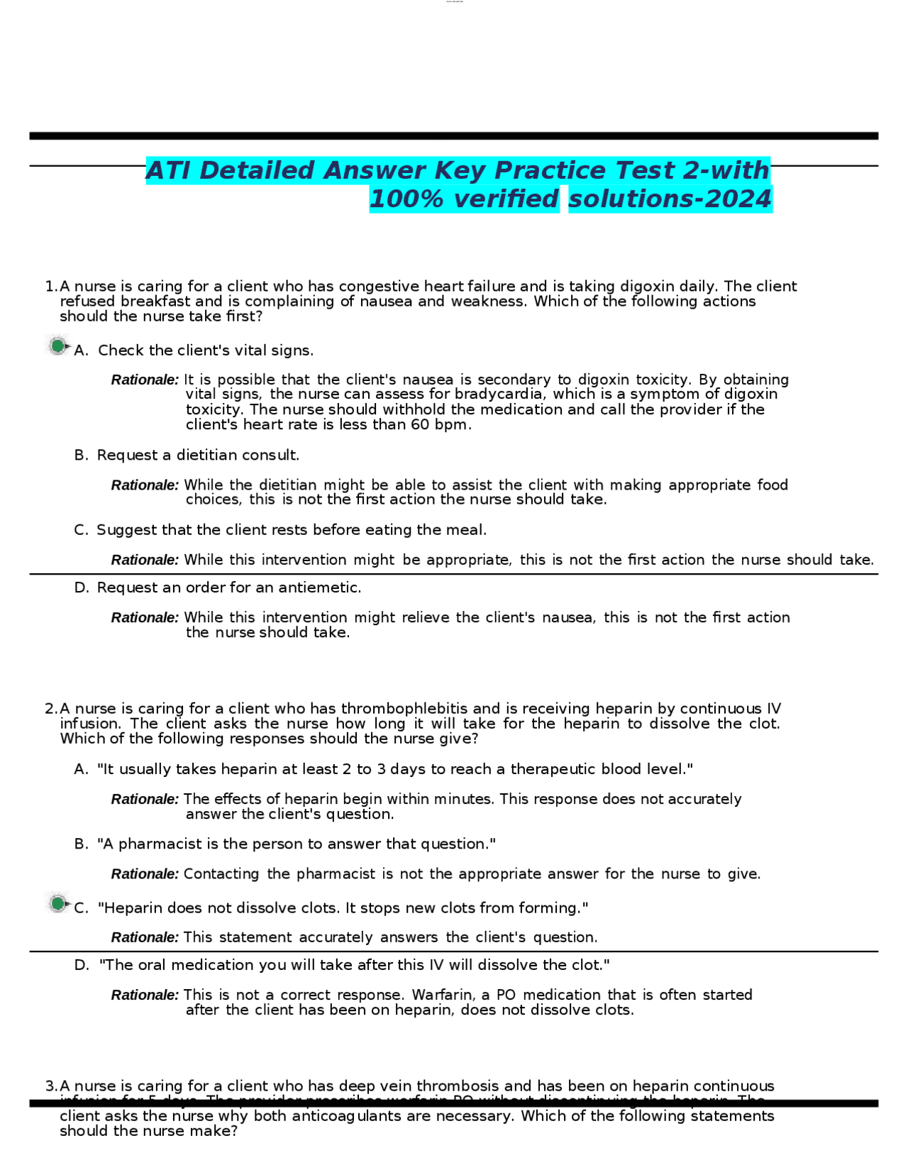 ATI Detailed Answer Key Practice Test 2-with 100% verified solutions ...
