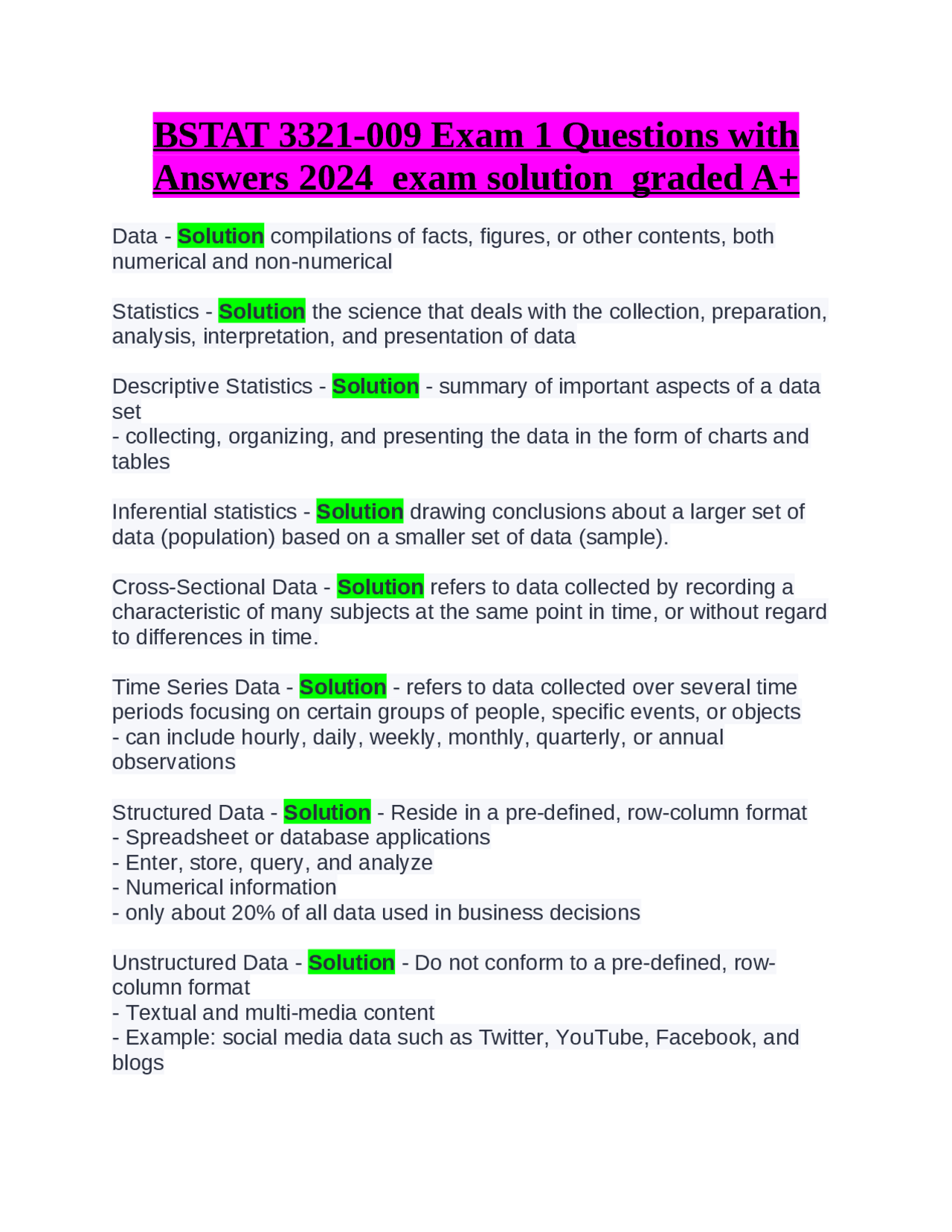 BSTAT 3321-009 Exam 1 Questions with Answers 2024 exam solution graded ...