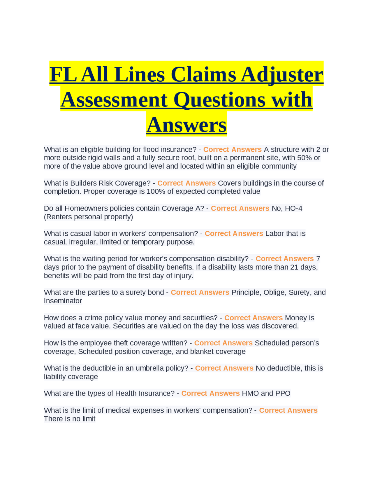 Insurance Claims Adjuster Assessment Questions and Answers | Exams ...