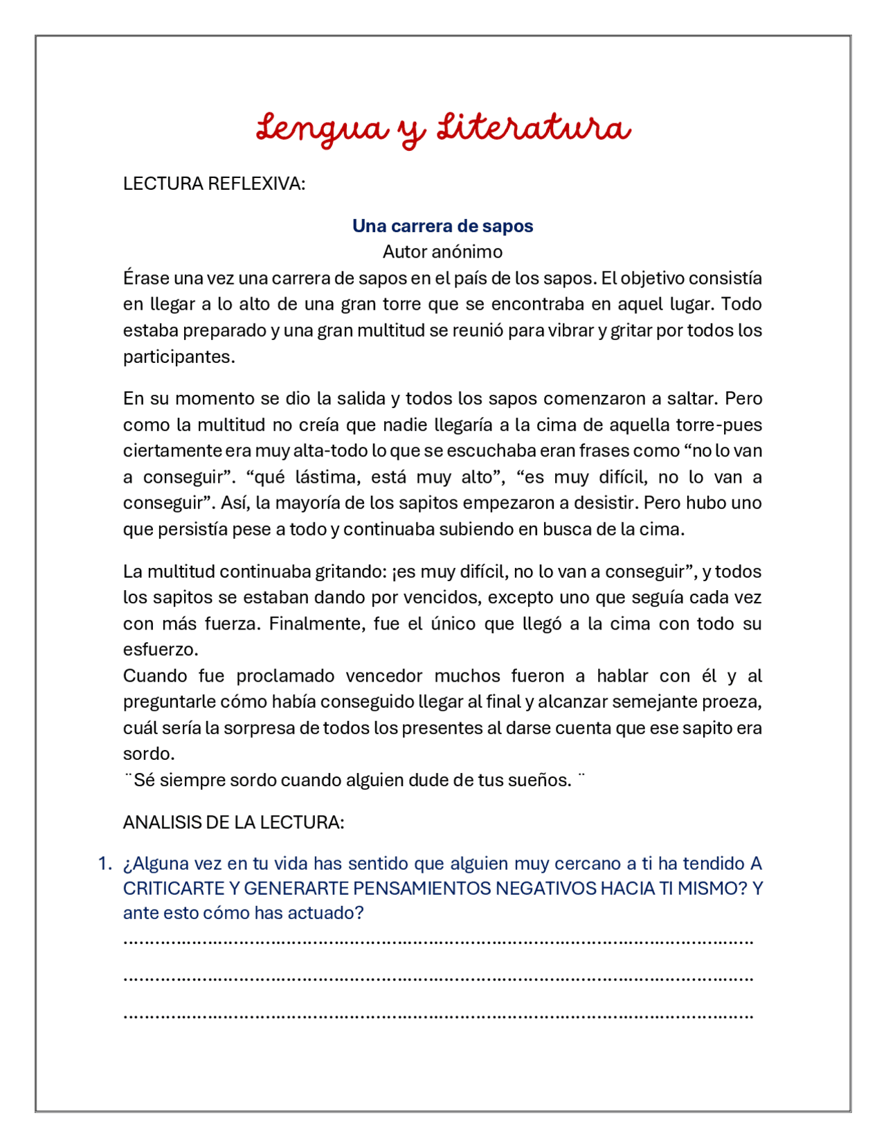 LECTURA REFLEXIVA PARA JOVENES | Transcripciones de Lengua y Literatura ...