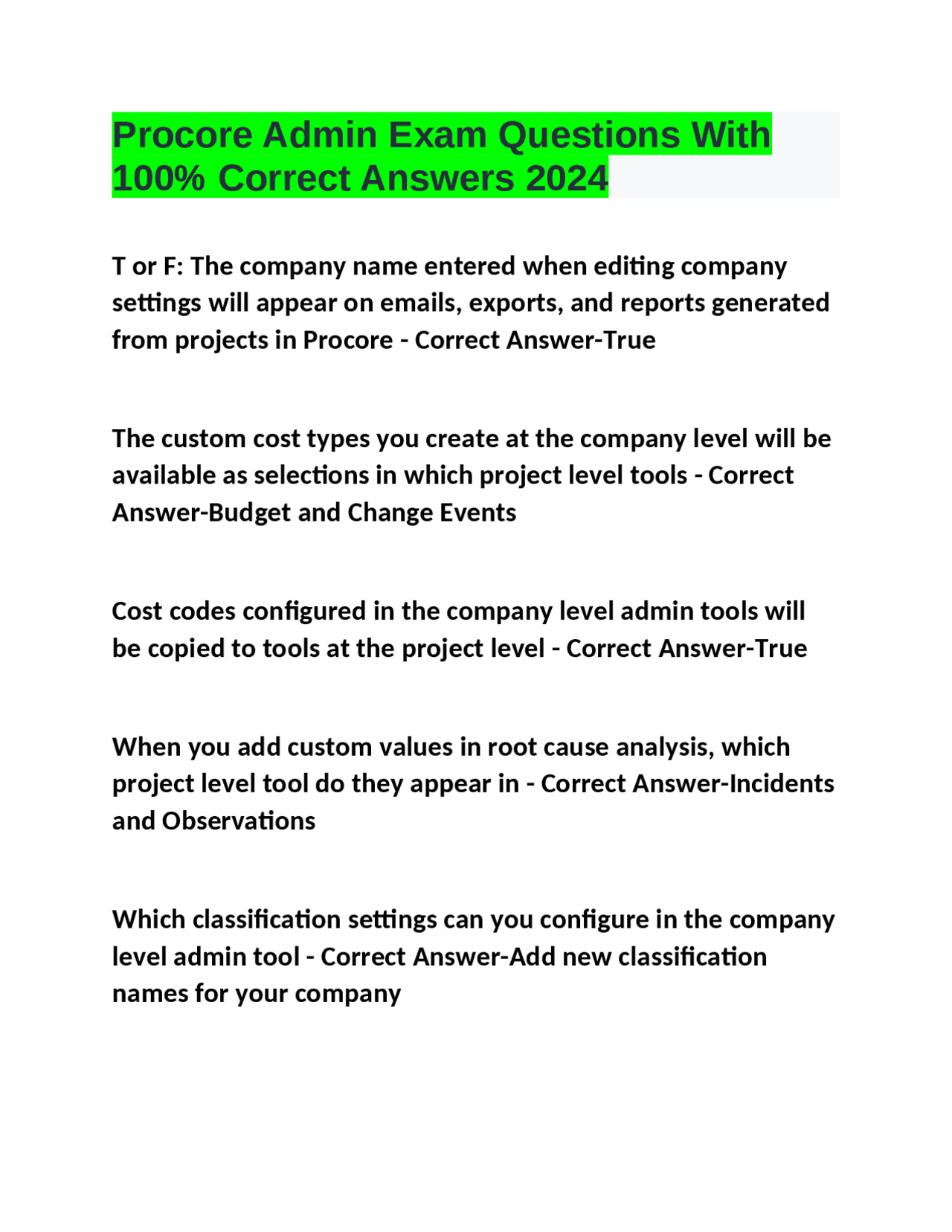 Procore Admin Exam Questions With 100% Correct Answers 2024 | Exams ...