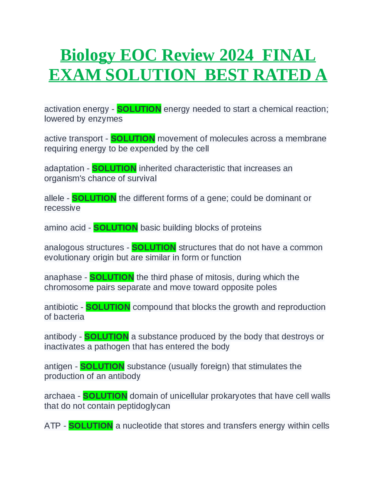 Biology EOC Review 2024 FINAL EXAM SOLUTION BEST RATED A | Exams ...