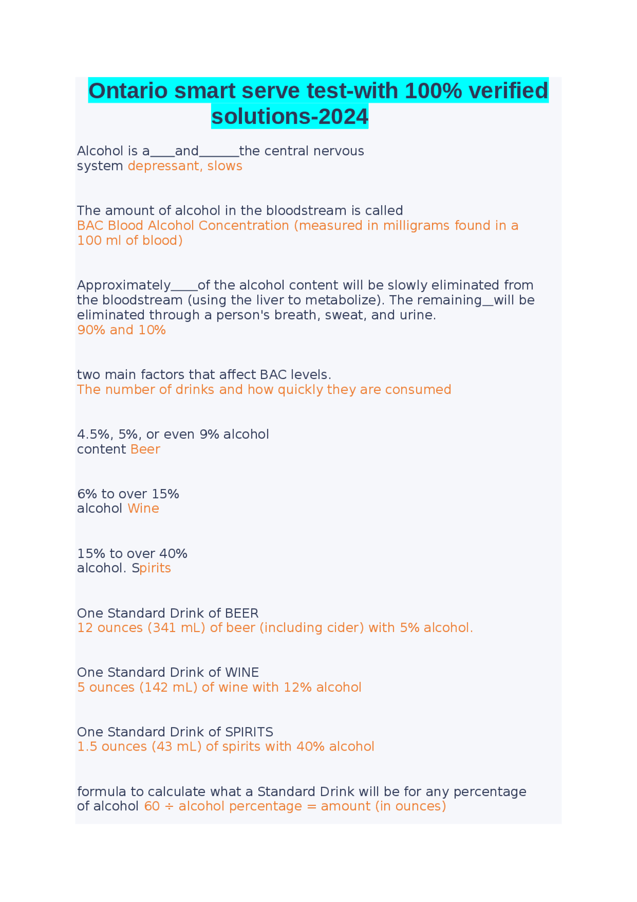 Ontario smart serve test-with 100 verified solutions-2024.docx | Exams ...