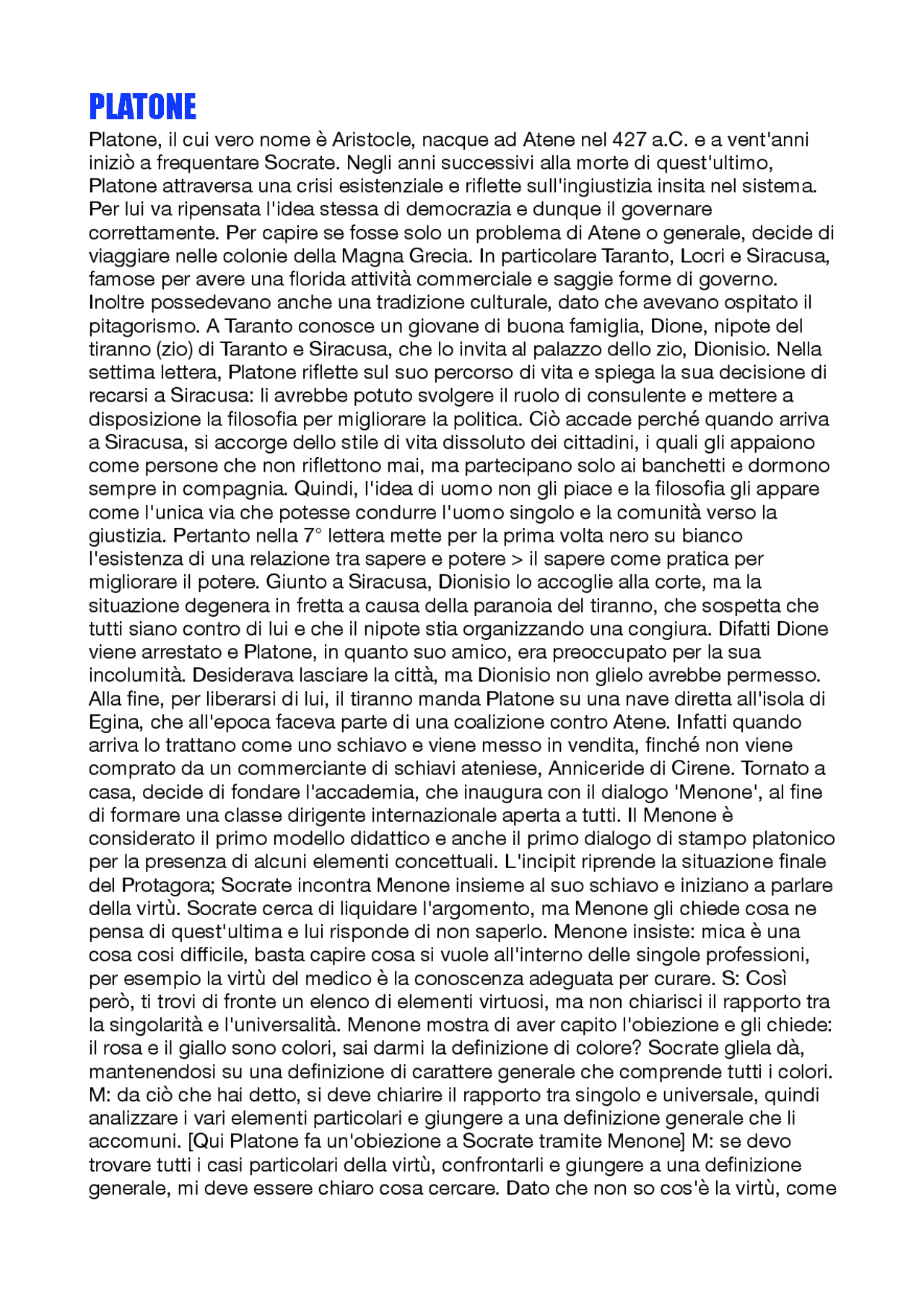 Platone e la teoria delle idee | Sbobinature di Filosofia | Docsity