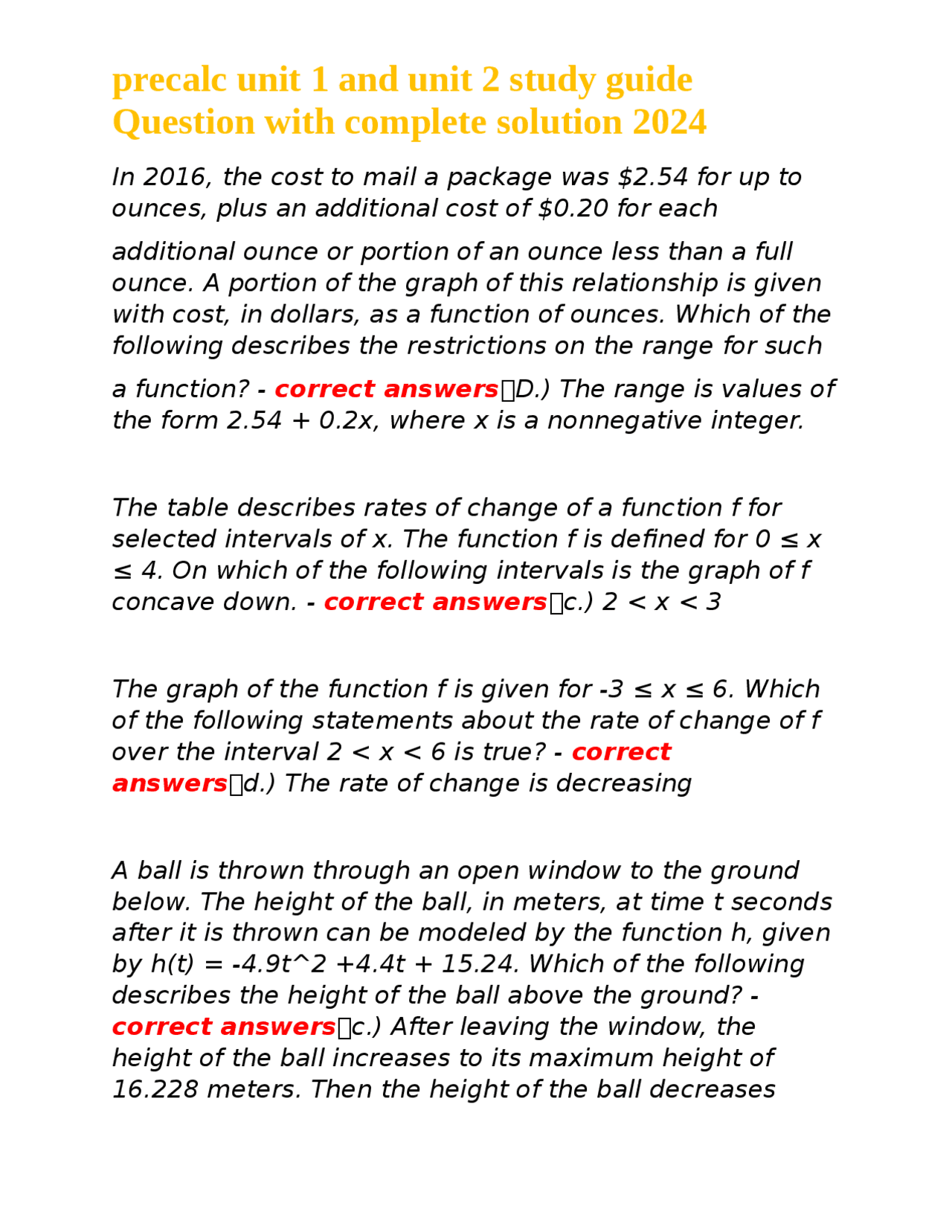 Precalculus Unit 1 and Unit 2 Study Guide with Solutions | Exams ...