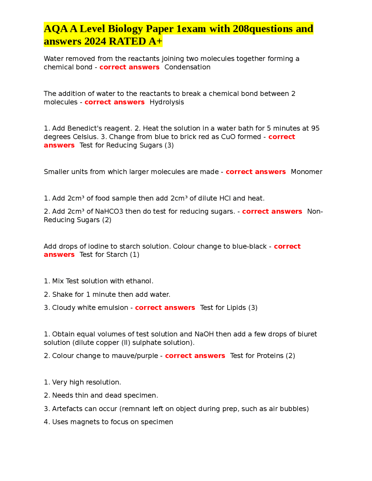AQA A Level Biology Paper 1exam with 208questions and answers 2024 ...
