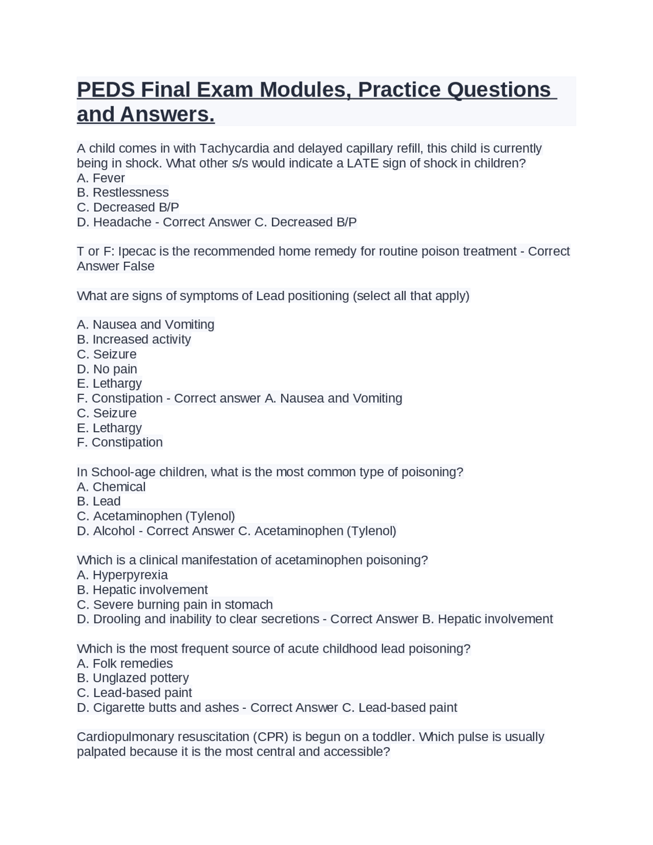 PEDS Final Exam (Modules; Practice Questions) and Answers. | Exams ...