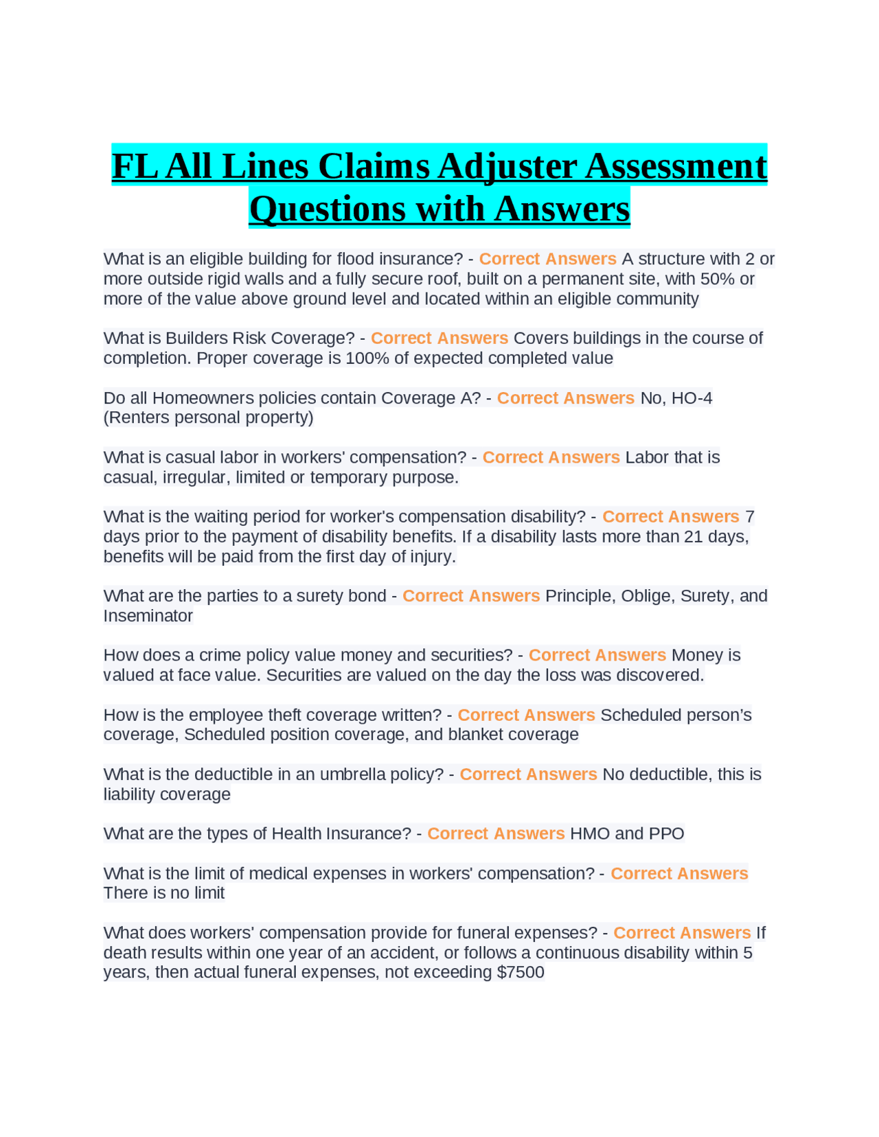 Insurance Claims Adjuster Assessment Questions and Answers | Exams ...