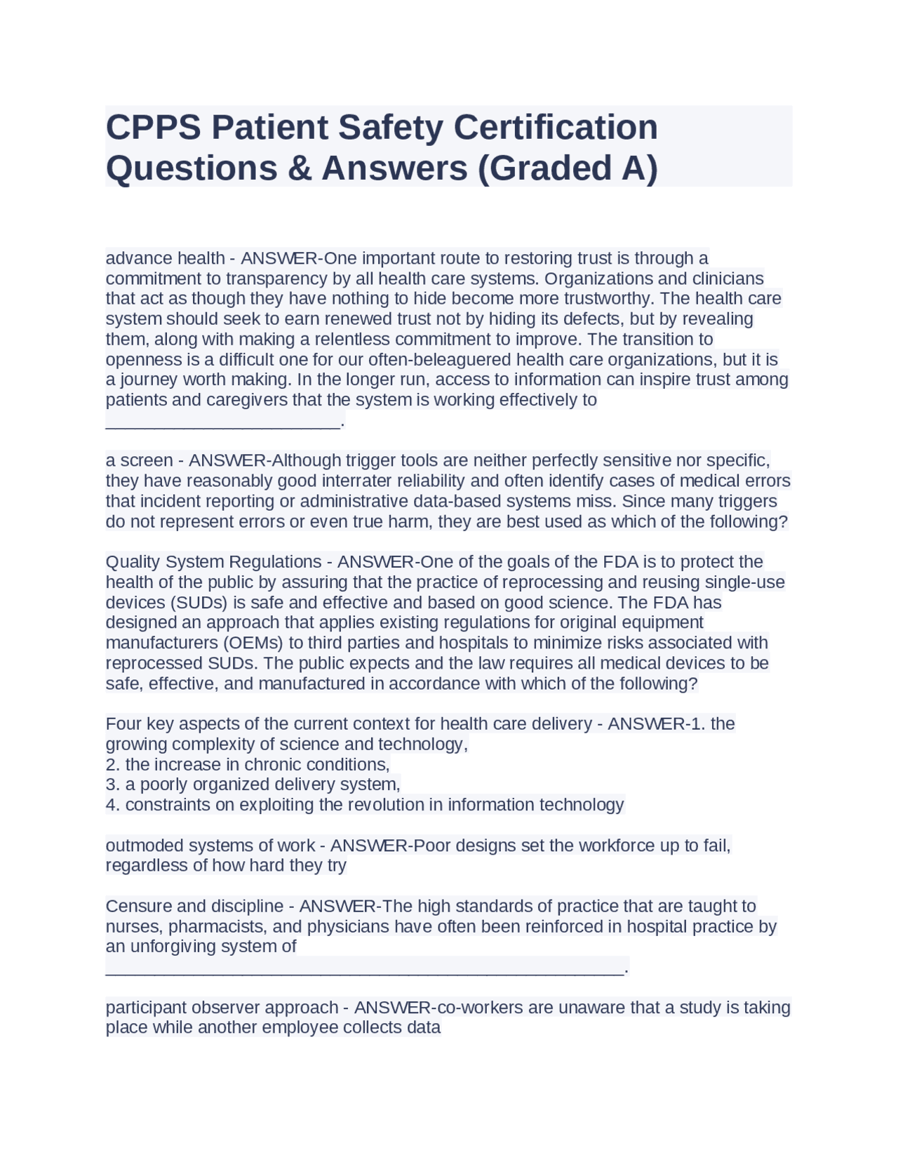 CPPS Patient Safety Certification Questions & Answers (Graded A ...