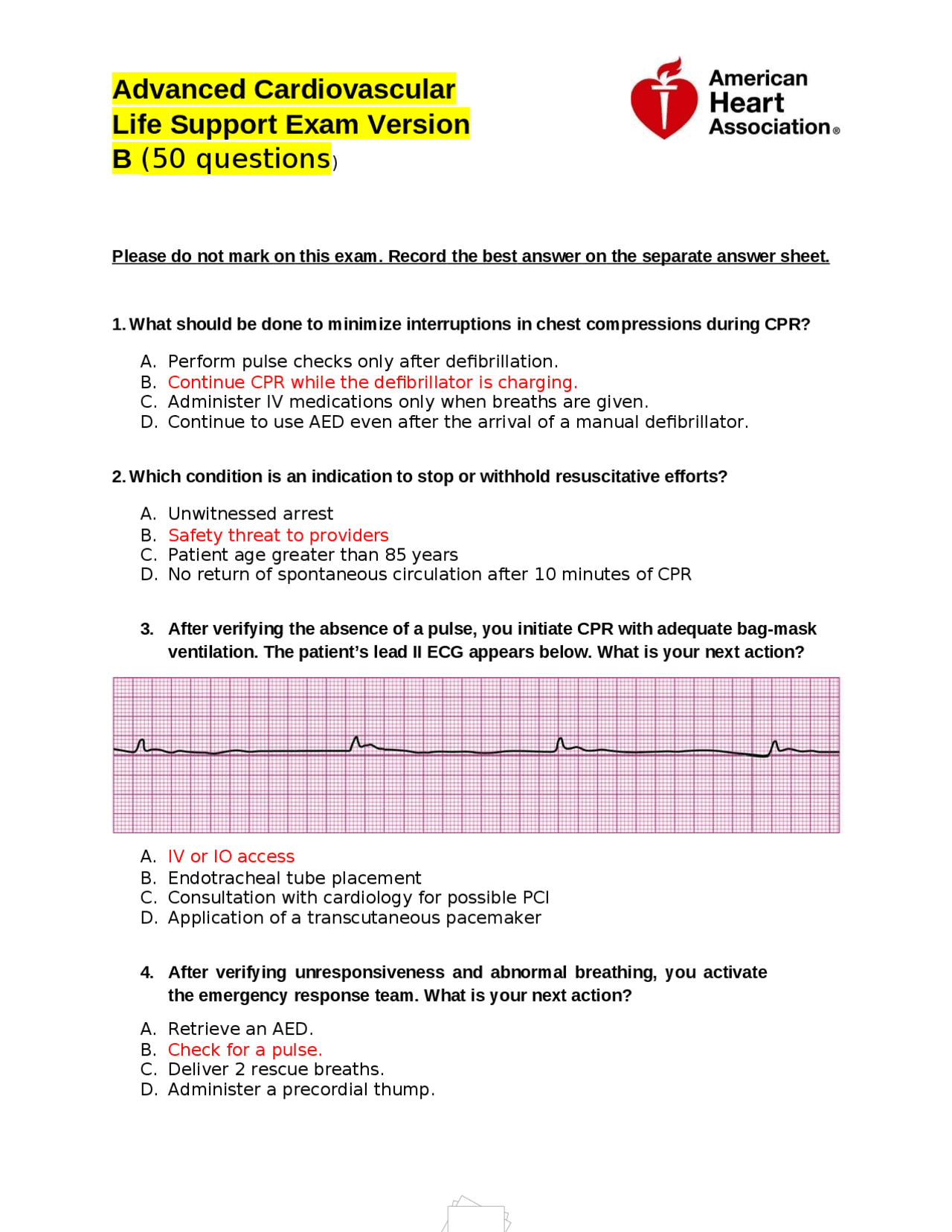 Passed.Advanced Cardiovascular Life Support Exam Version B (50 ...