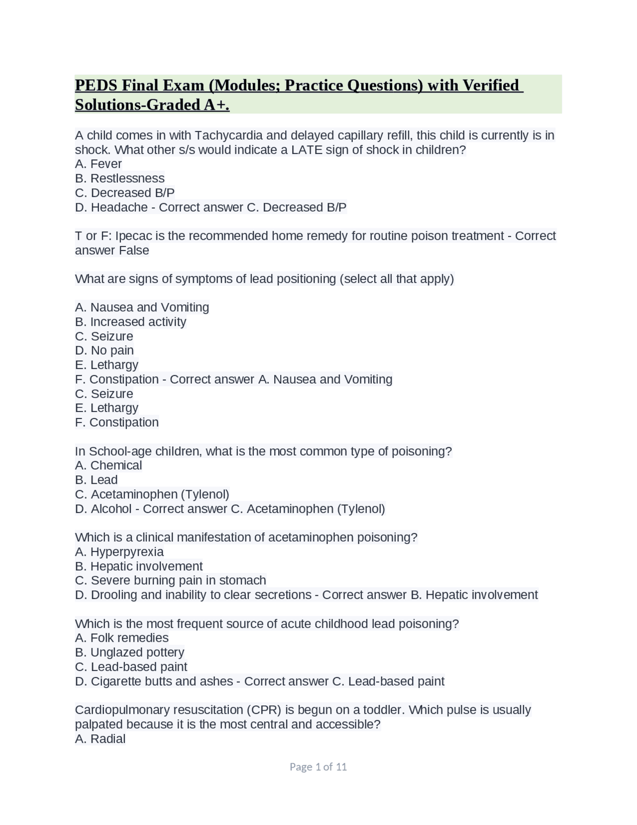 PEDS Final Exam (Modules; Practice Questions) with Verified Solutions ...