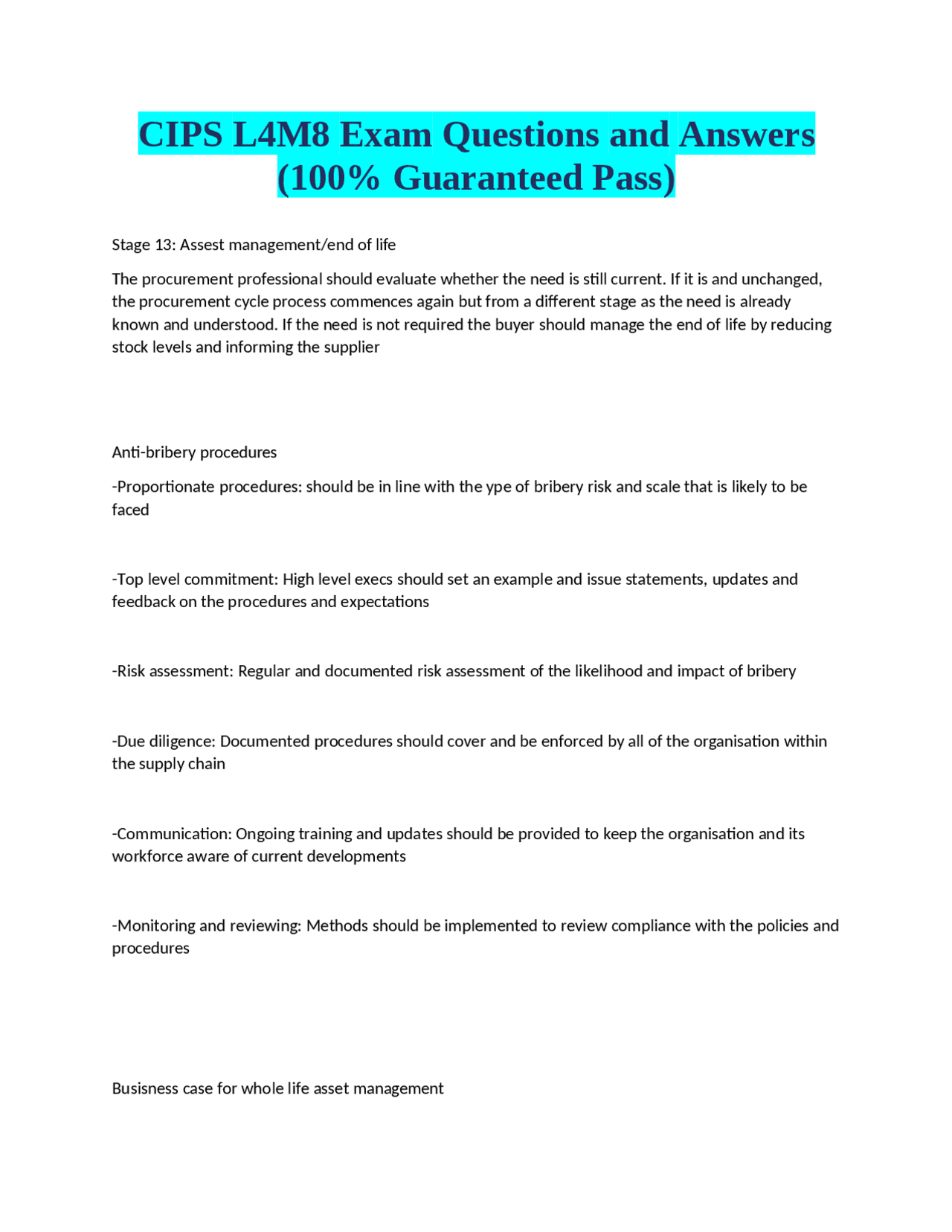 CIPS L4M8 Exam Questions and Answers (100% Guaranteed Pass) | Exams Law | Docsity