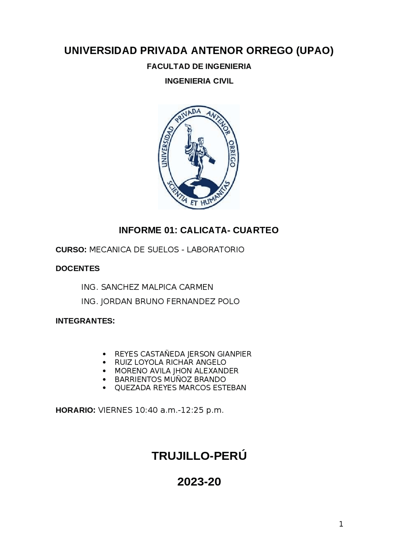 Informe de Calicata y Cuarteo de Suelo | Diapositivas de Mecánica de ...