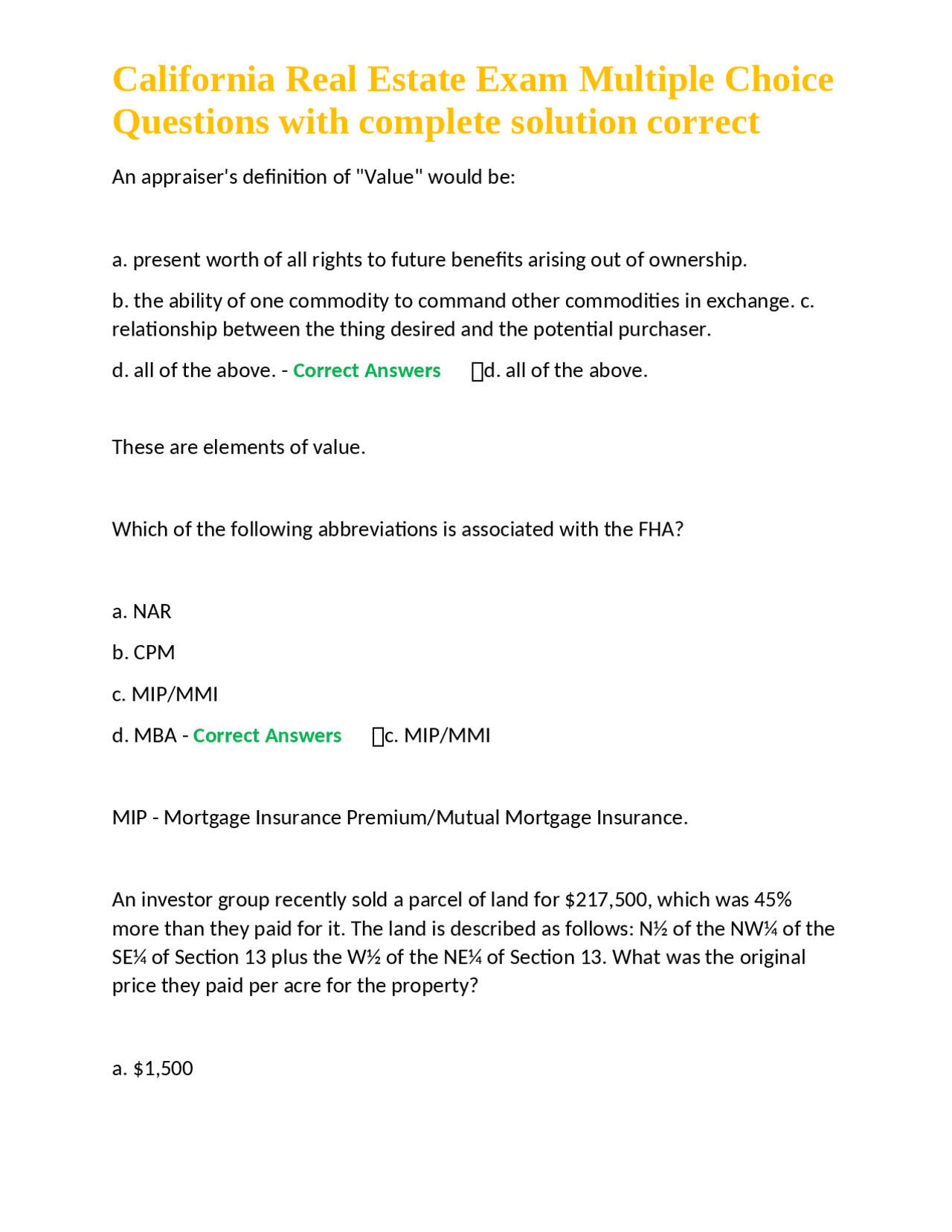 California Real Estate Exam Multiple Choice Questions with complete ...