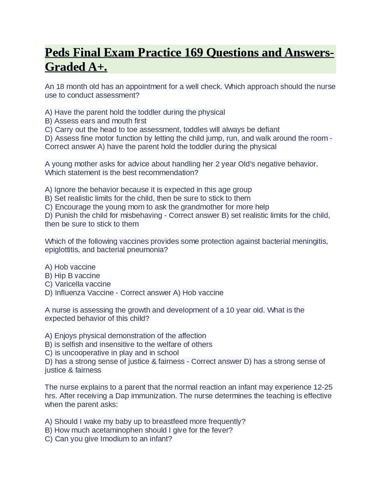 Peds Final Exam Practice 169 Questions and Answers-Graded A+. | Exams ...