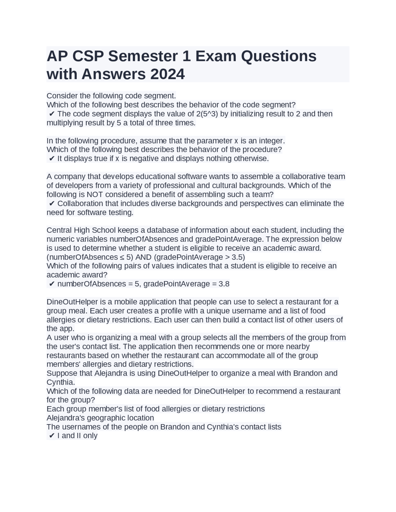 Ap Csp Semester 1 Exam Questions With Answers 2024 Exams Computer Science Docsity