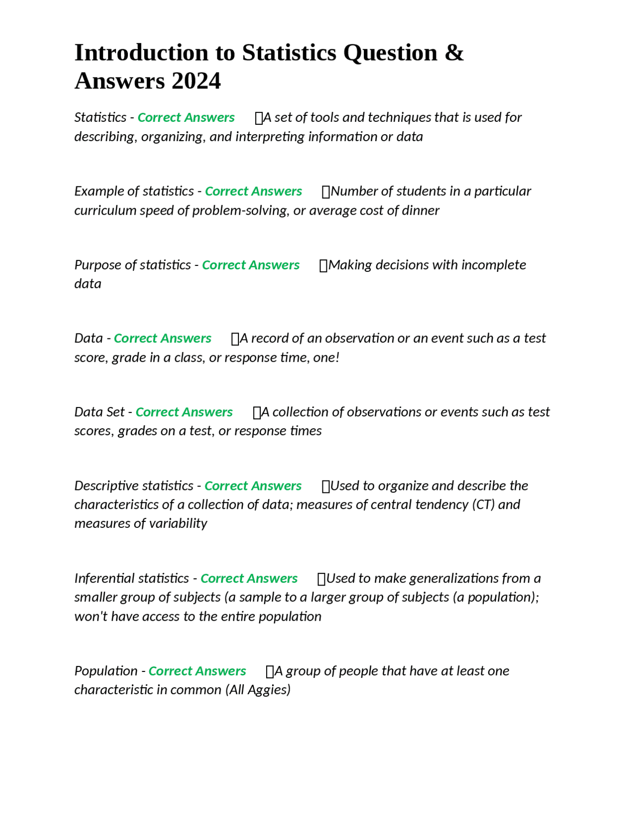 Introduction to Statistics Question & Answers 2024 | Exams Nursing | Docsity