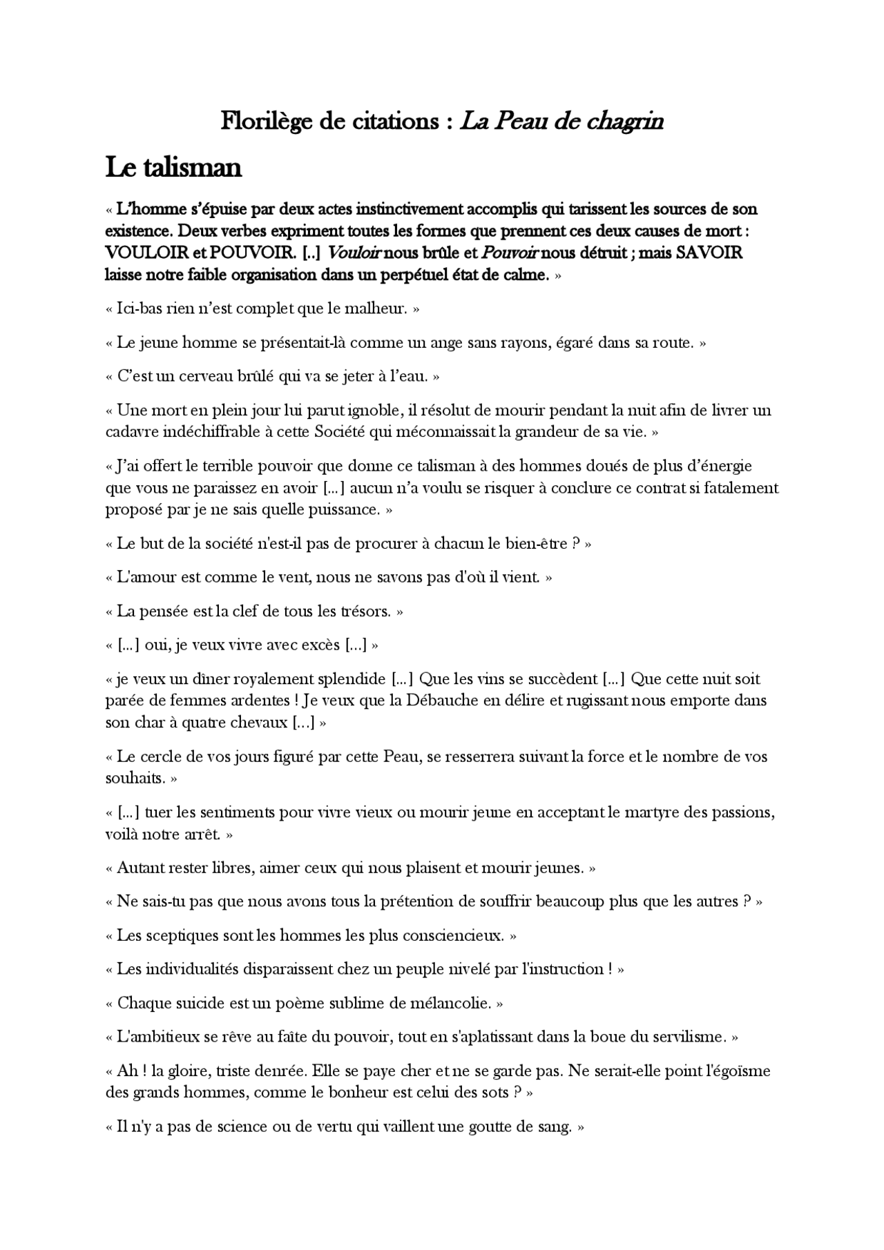 Florilège citations la peau de chagrin | Lecture notes French | Docsity