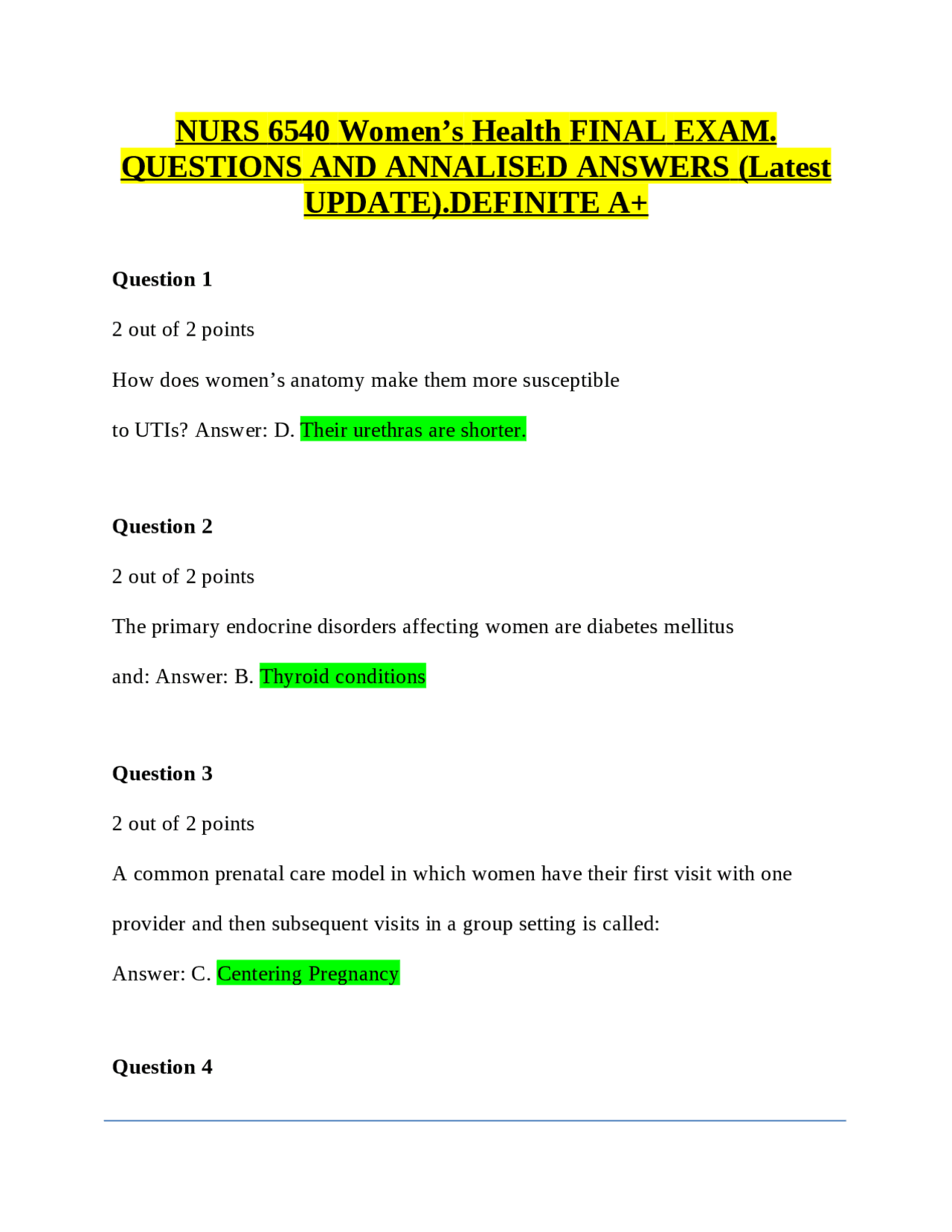 Women's Health Final Exam Questions and Answers | Exams Nursing | Docsity