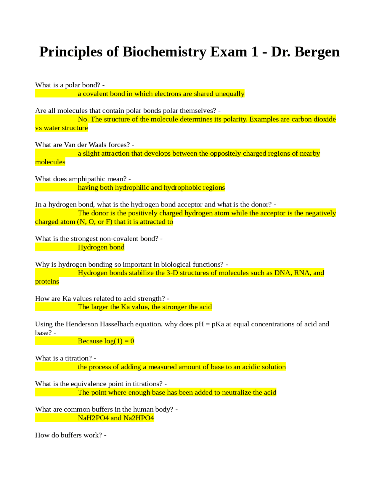 Principles of Biochemistry Exam 1 - Dr. Bergen | Exams Biochemistry ...