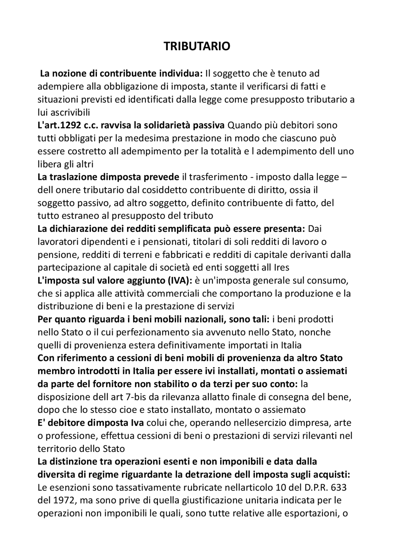 Paniere di diritto tributario completo | Esercizi di Diritto Tributario | Docsity